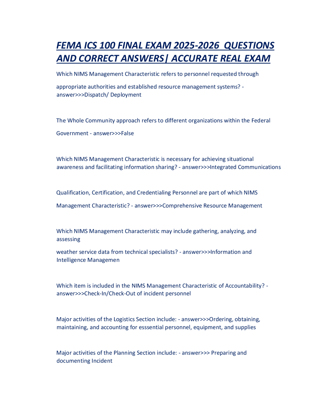 FEMA ICS 100 Final Exam 2025–2026 – Accurate Real Exam Questions and ...