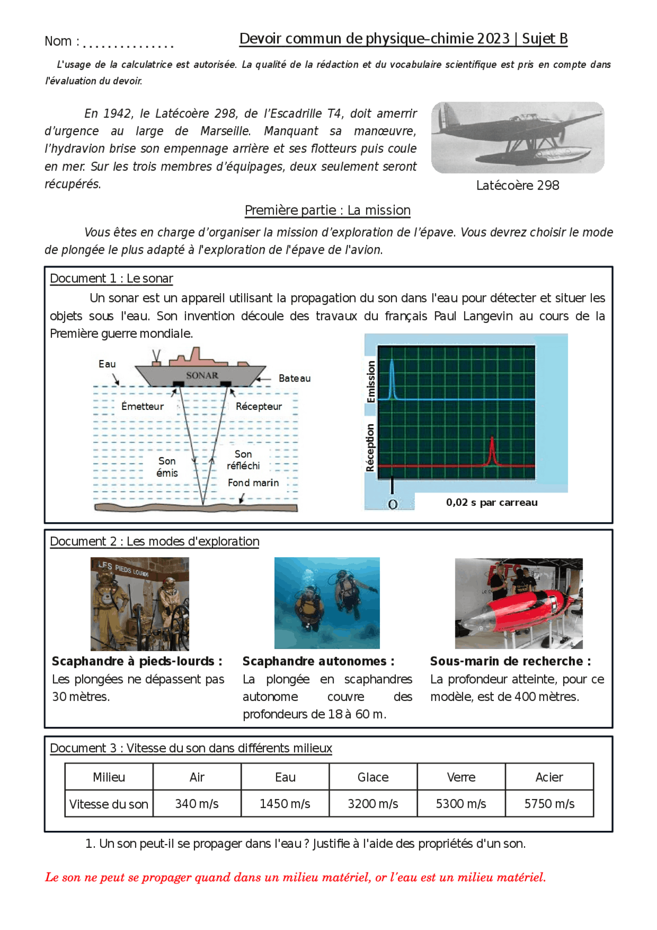 Devoir commun de physique–chimie 2023 | Exams Physics | Docsity