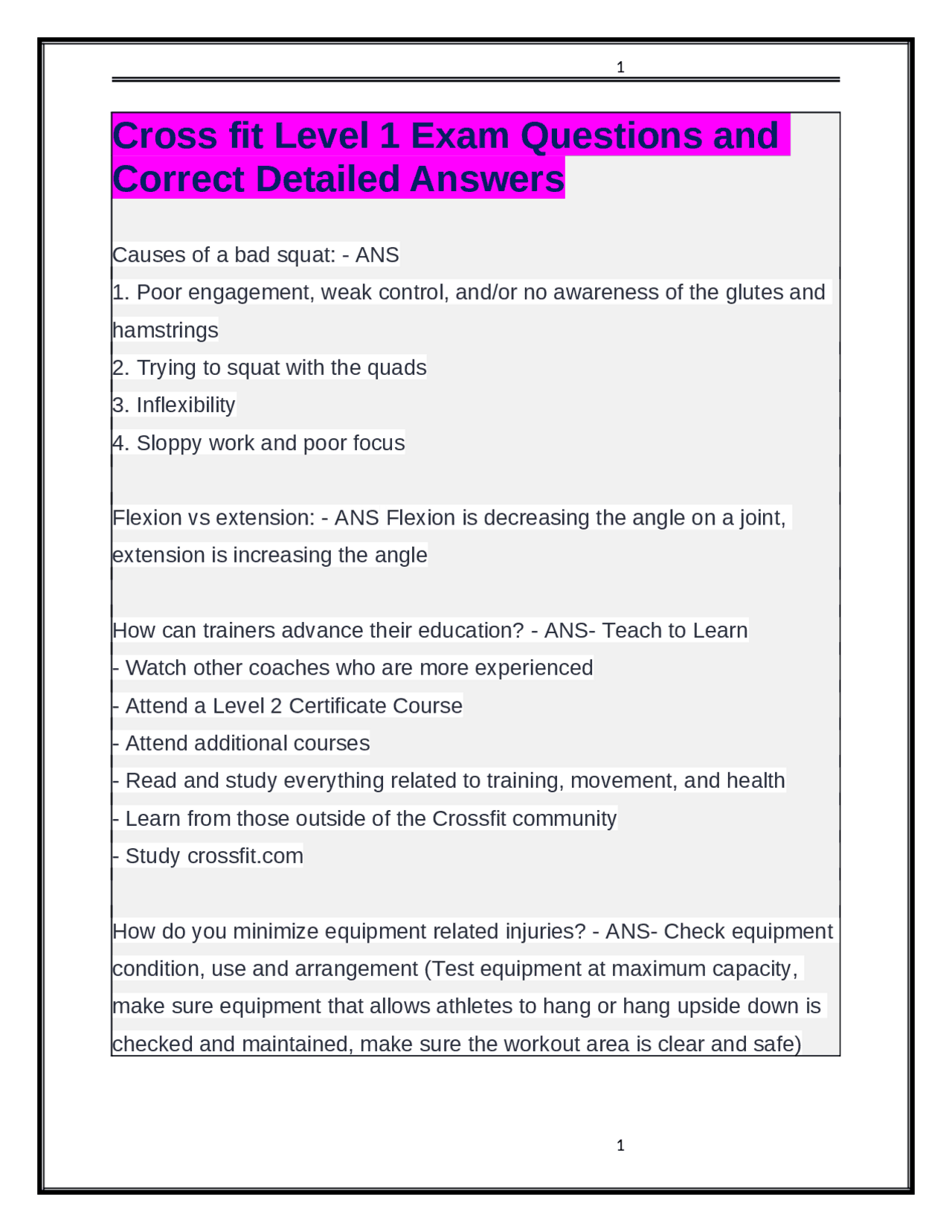 Cross fit Level 1 Exam Questions and Correct Detailed Answers | Exams ...