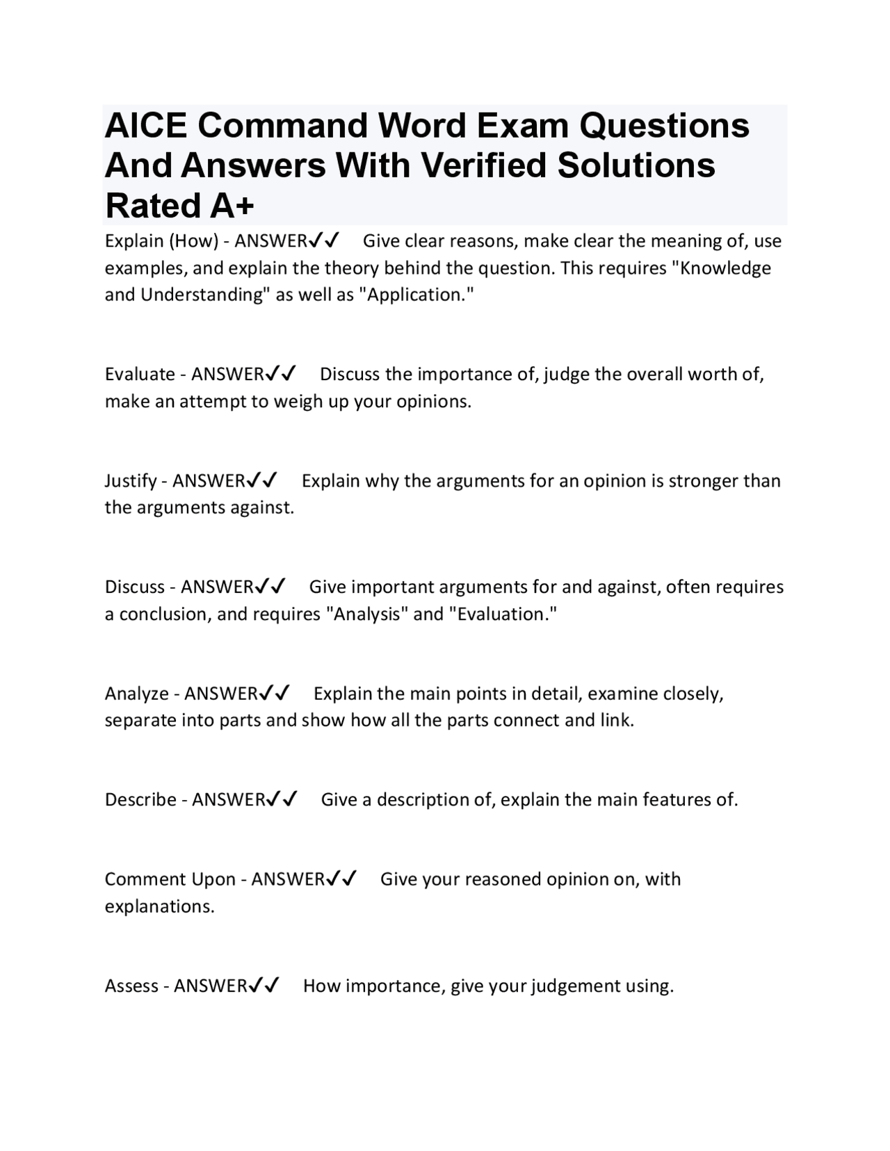 AICE Command Word Exam Questions And Answers With Verified Solutions ...