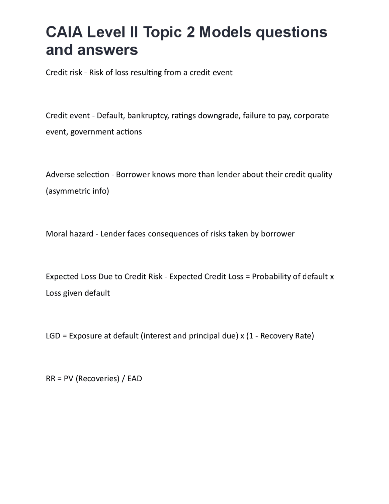 CAIA Level II Topic 2 Models questions and answers. | Exams Nursing | Docsity