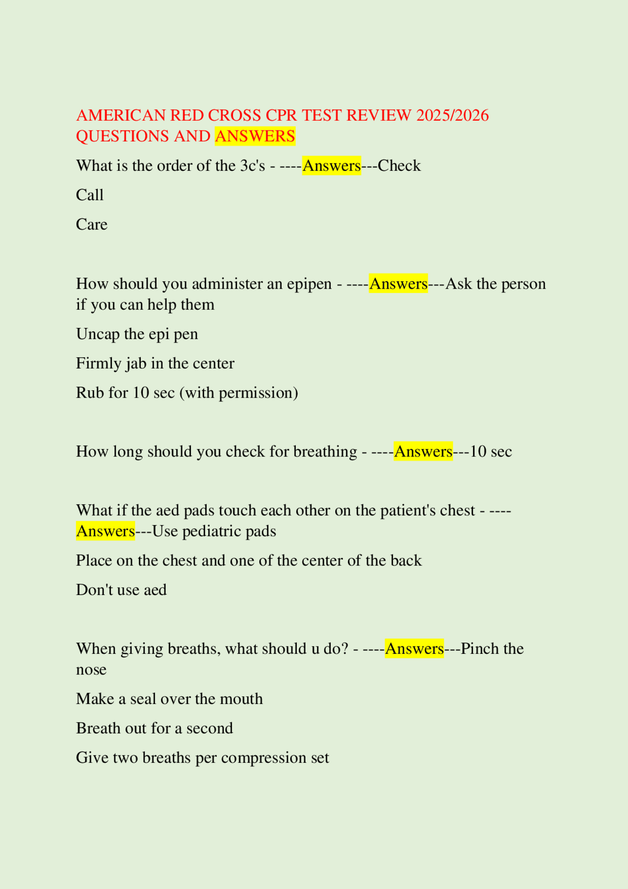 AMERICAN RED CROSS CPR TEST REVIEW 2025/2026 QUESTIONS AND ANSWERS ...