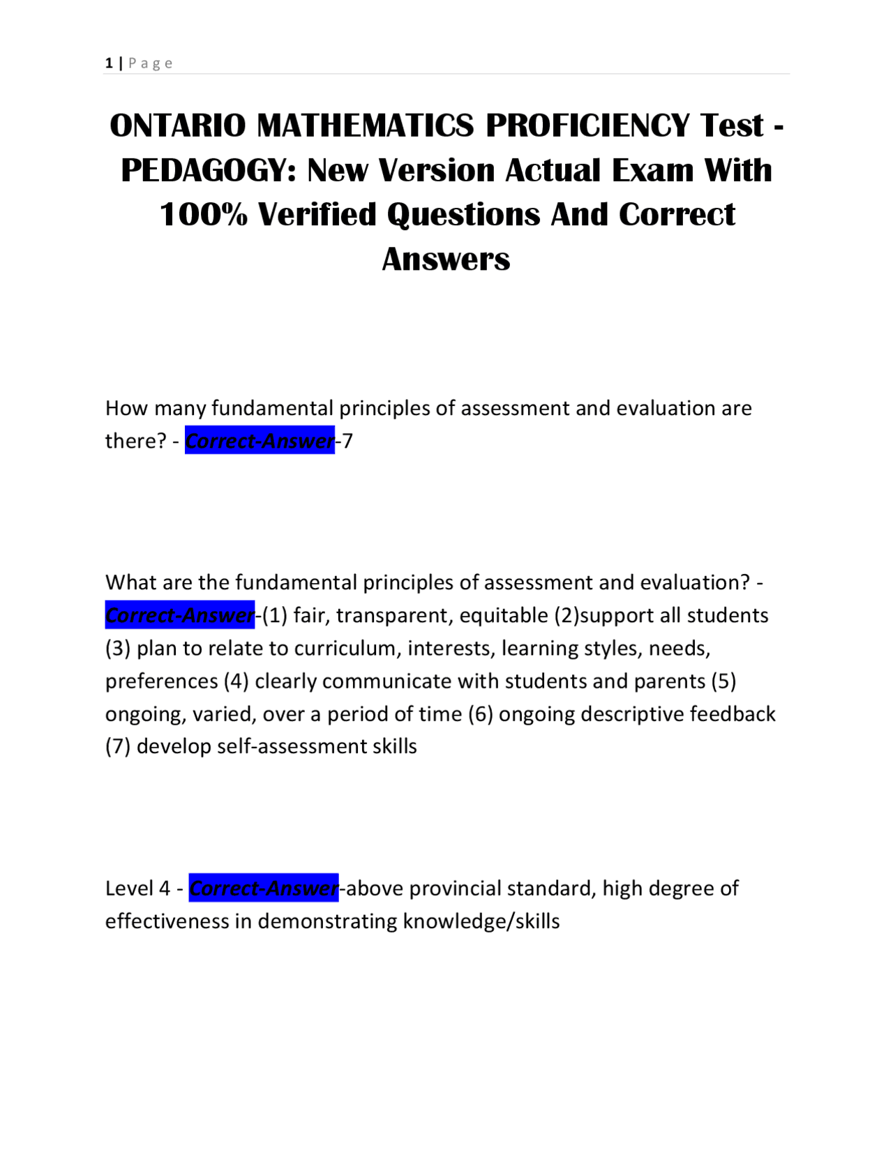 Ontario Mathematics Proficiency Test Pedagogy New Version Actual
