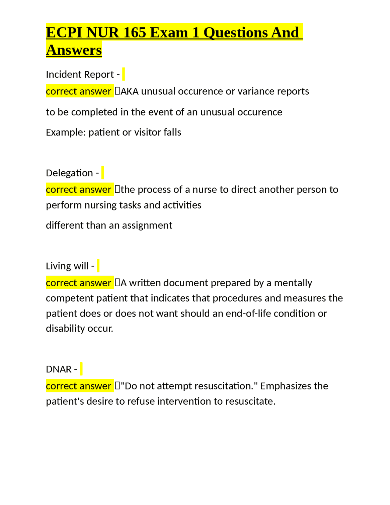ECPI NUR 165 Exam 1: Key Nursing Concepts Q&A | Exams Nursing | Docsity