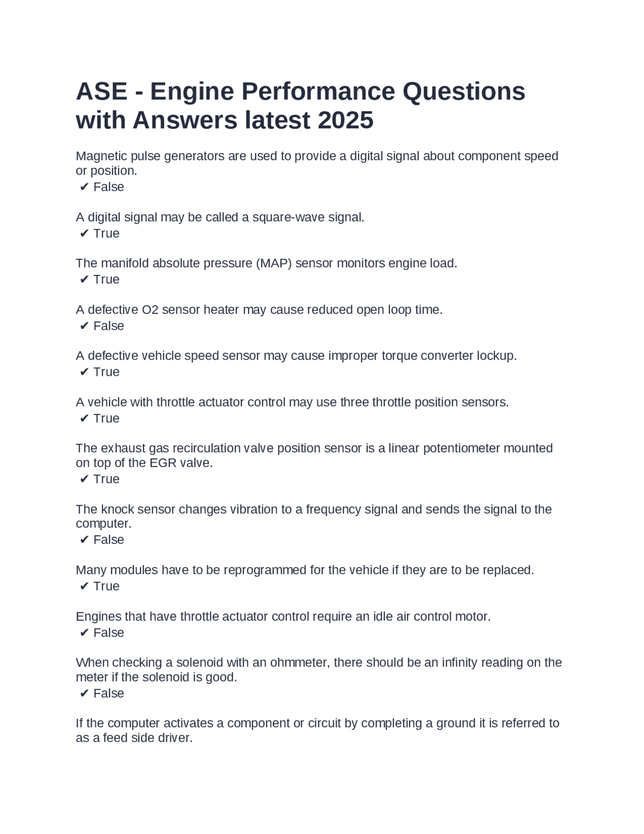 ASE - Engine Performance Questions with Answers latest 2025 | Exams ...