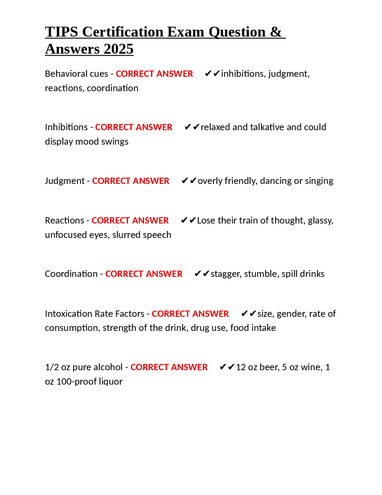 TIPS Certification Exam Question & Answers 2025 | Exams Nursing | Docsity