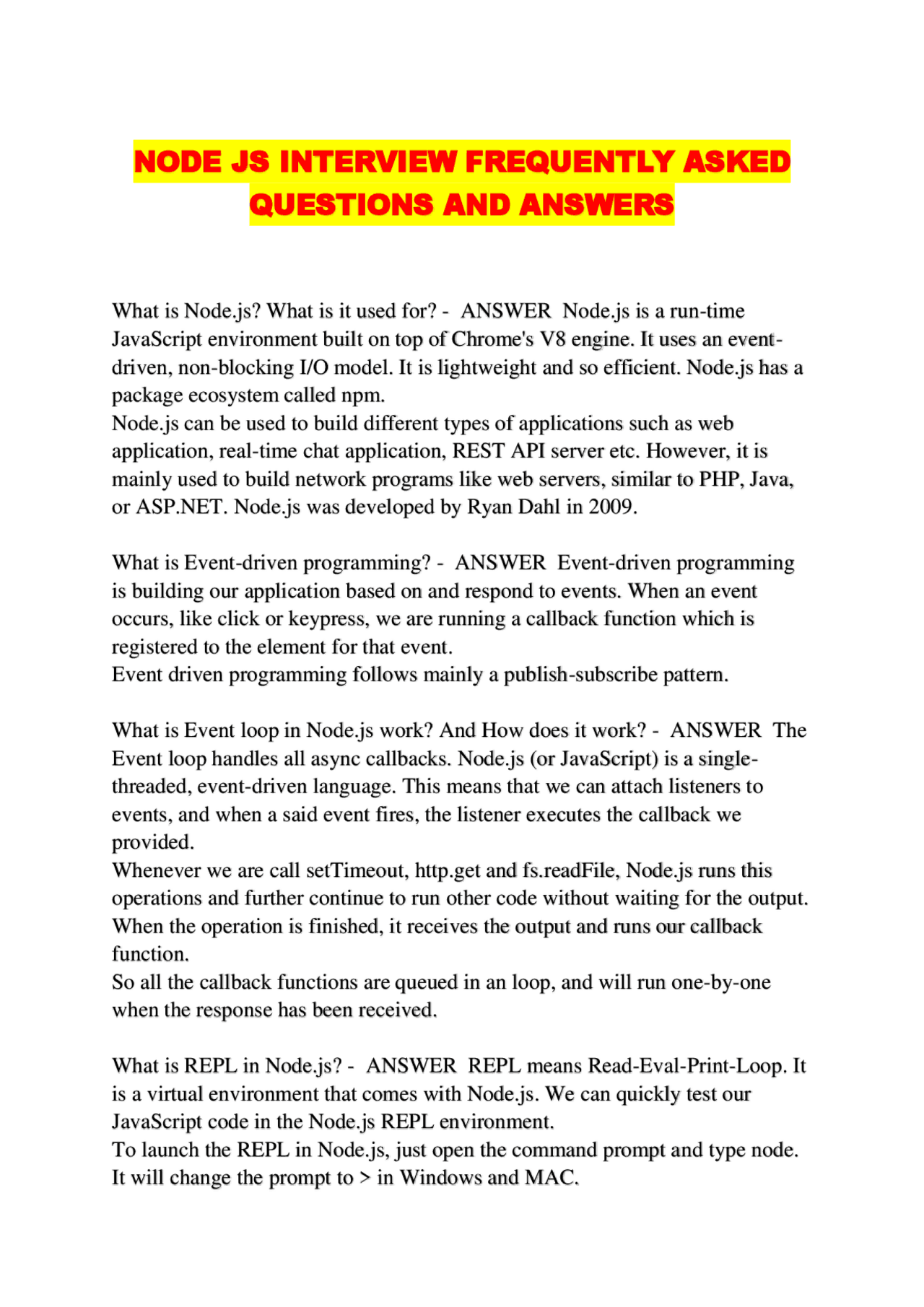 NODE JS INTERVIEW FREQUENTLY ASKED QUESTIONS AND ANSWERS | Exams ...