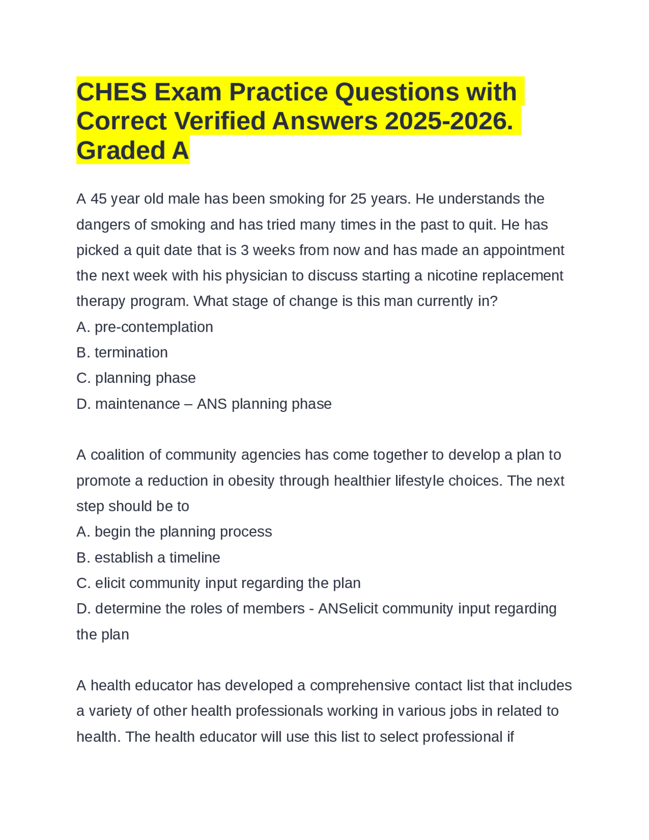 CHES Exam Practice Questions with Correct Verified Answers 2025-2026 ...
