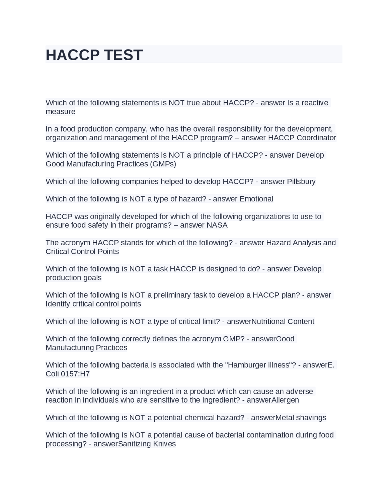 HACCP Principles: Questions and Answers for Food Safety | Exams ...