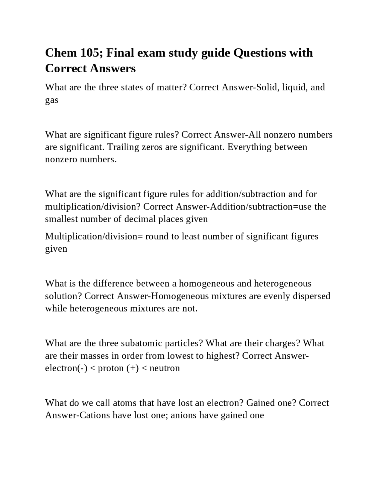 Chem 105 Final Exam Study Guide: Questions and Answers | Exams Nursing ...