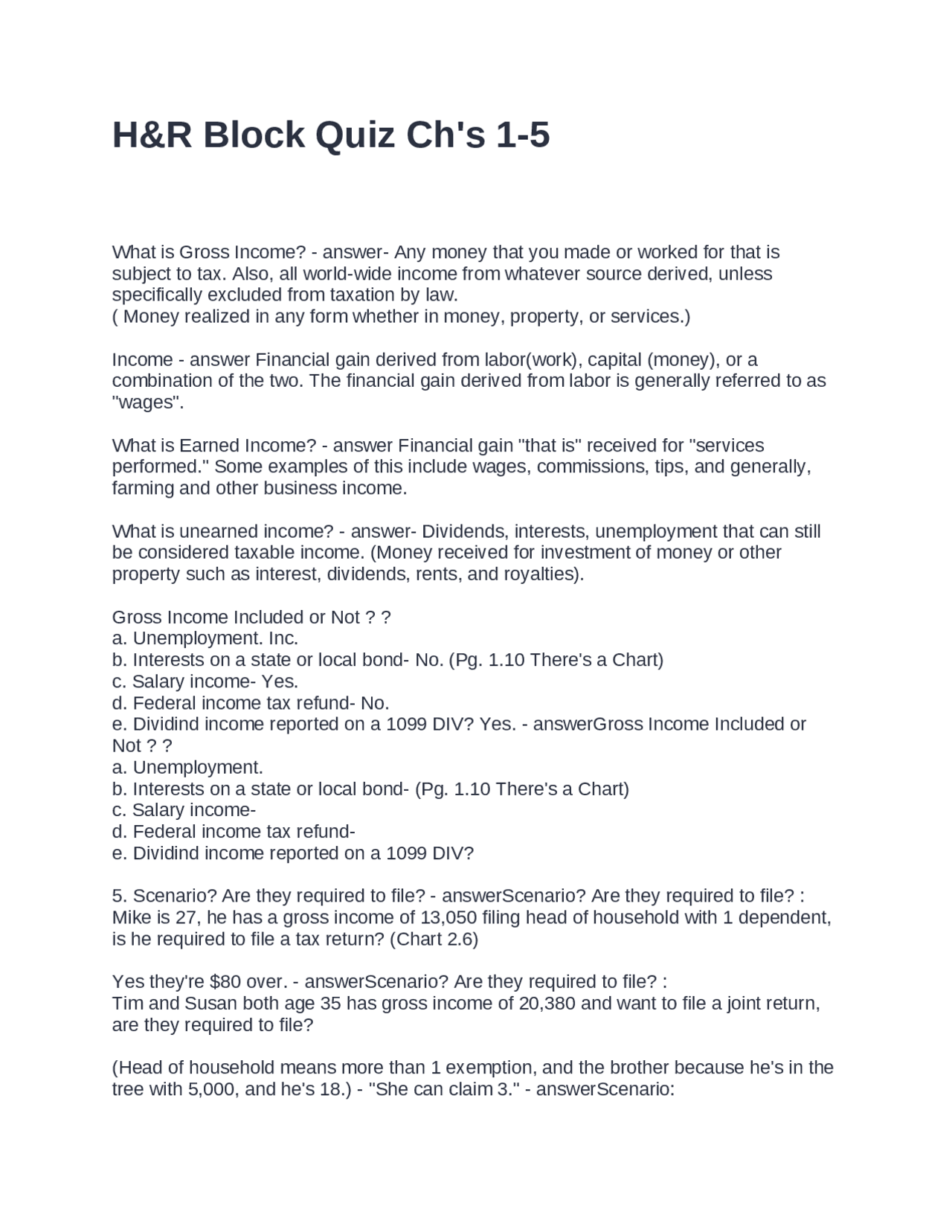 H&R Block Quiz Ch's 1-5 Questions with Accurate Answers | Exams ...