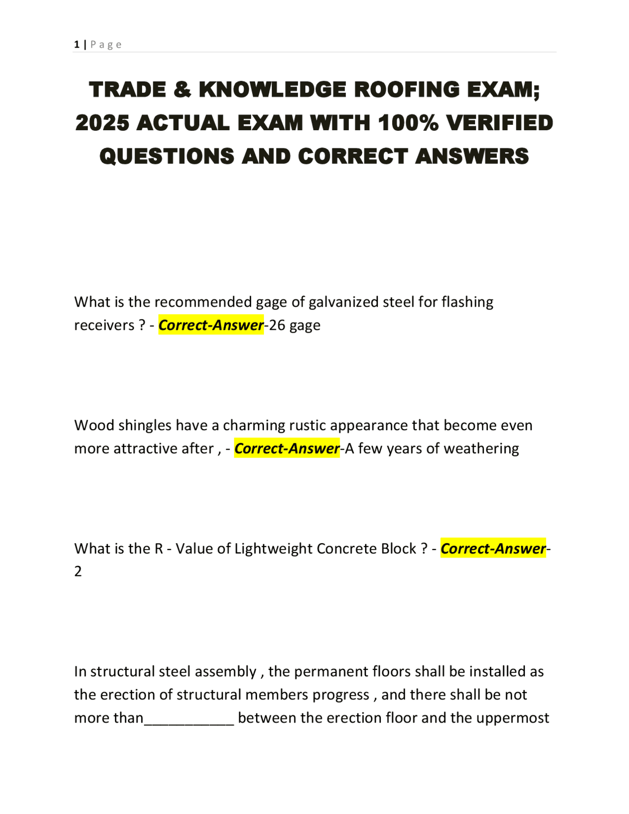 TRADE & KNOWLEDGE ROOFING EXAM; 2025 ACTUAL EXAM WITH 100% VERIFIED QUESTIONS AND ANSWERS ...