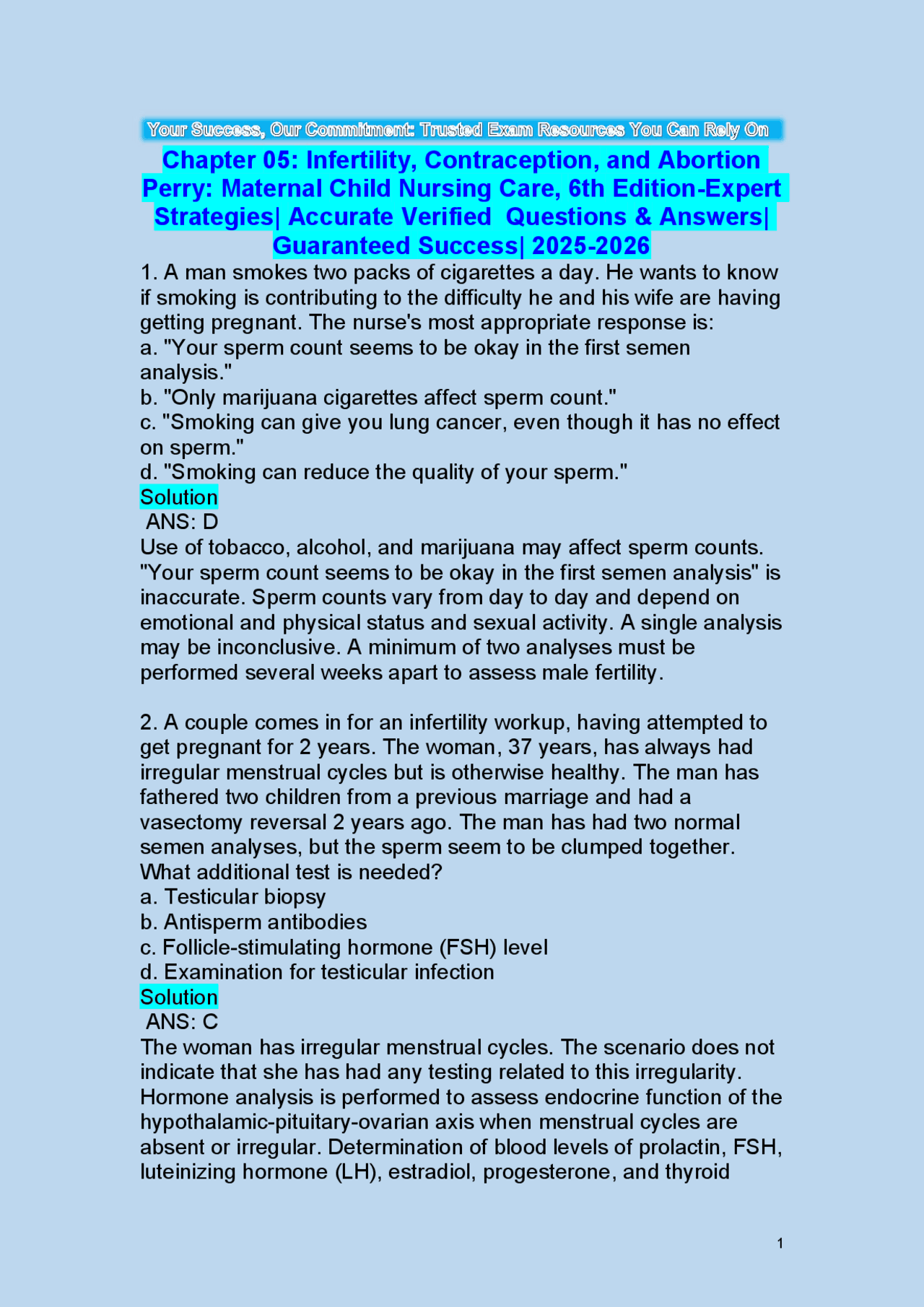 Chapter 05: Infertility, Contraception, and Abortion Perry: Maternal ...