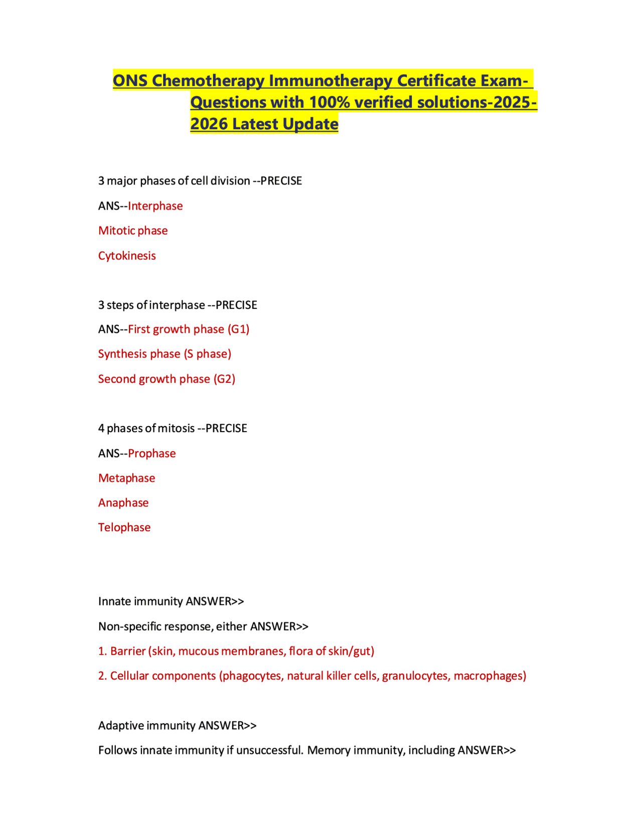 ONS Chemotherapy Immunotherapy Certificate Exam Questions with 100% ...