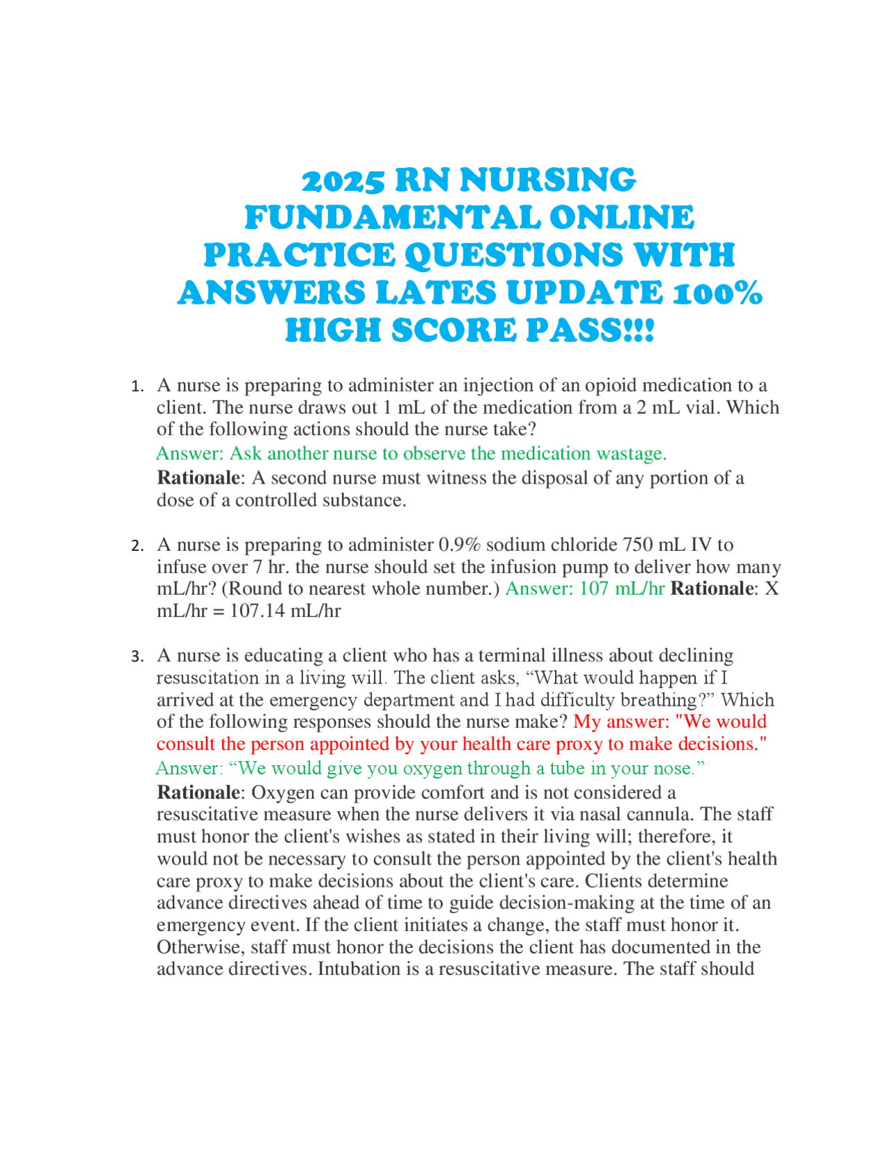 2025 RN NURSING FUNDAMENTAL ONLINE PRACTICE QUESTIONS WITH ANSWERS ...