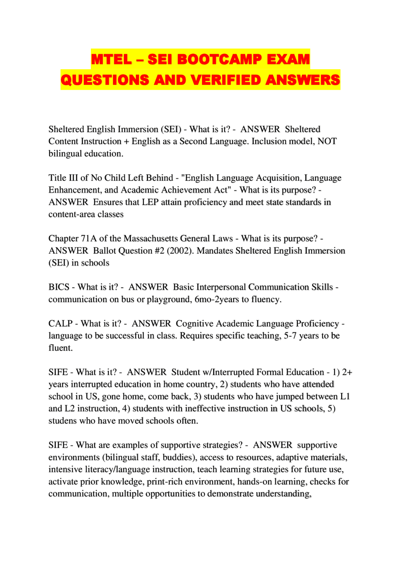 MTEL – SEI BOOTCAMP EXAM QUESTIONS AND VERIFIED ANSWERS | Exams ...