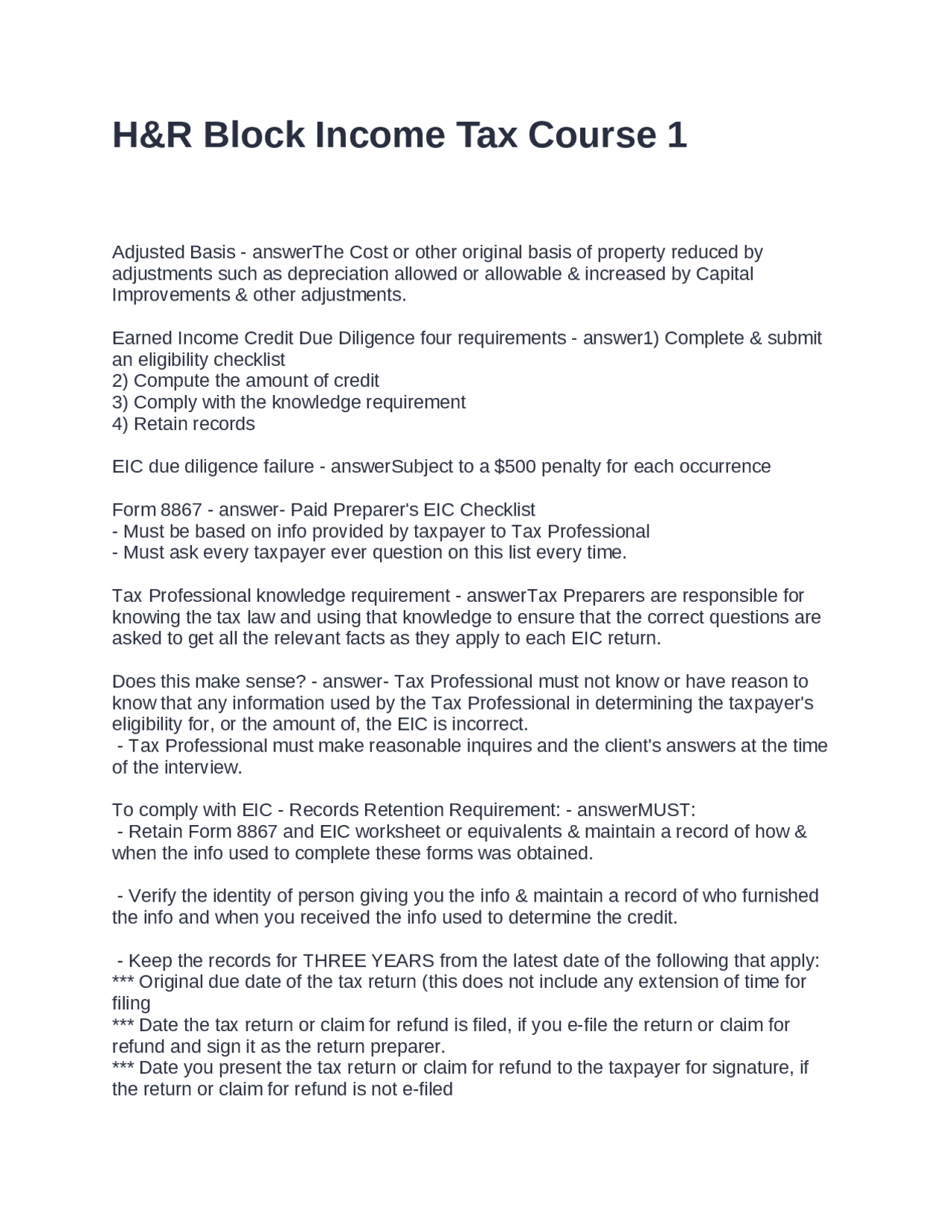 H&R Block Income Tax Course: Adjusted Basis and EIC Due Diligence | Exams Advanced Education ...