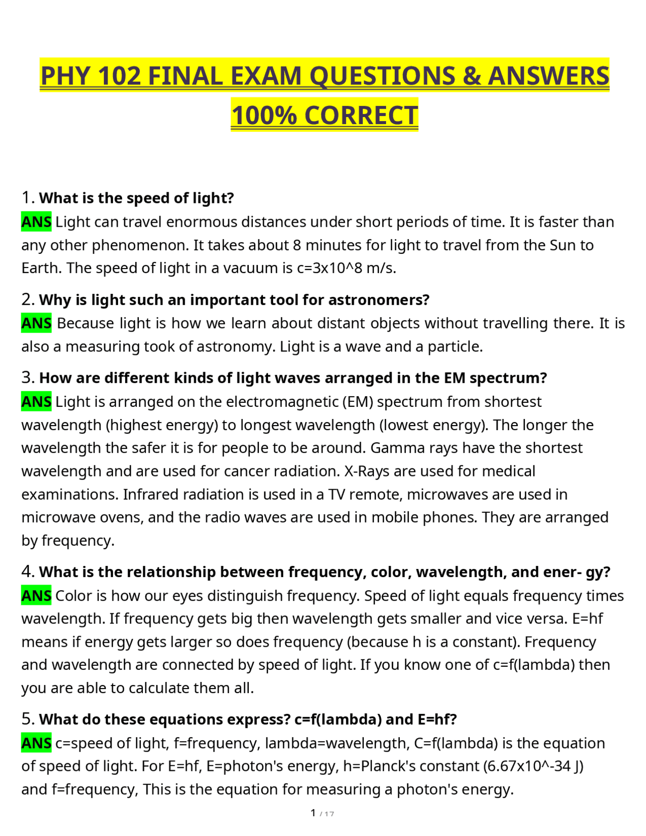 PHY 102 FINAL EXAM QUESTIONS & ANSWERS 100% CORRECT | Exams Physics | Docsity