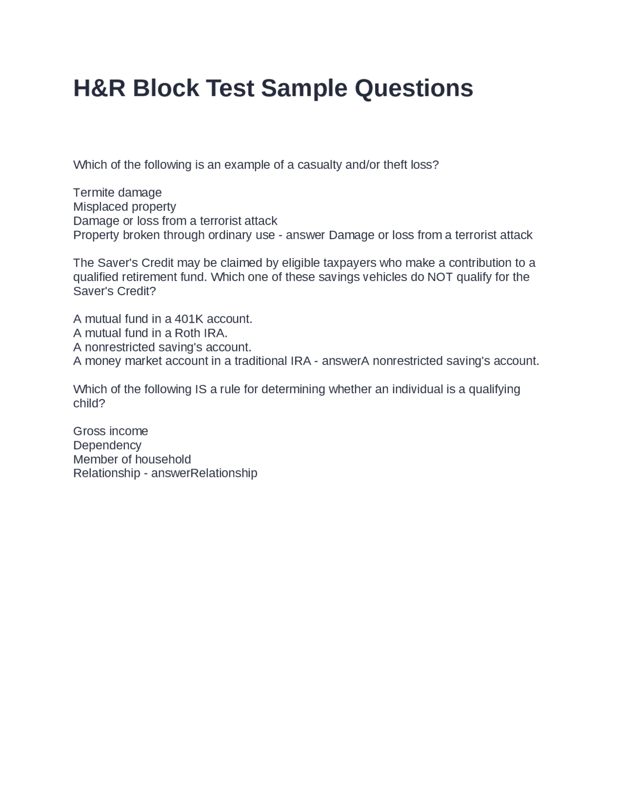 H&R Block Tax Practice Questions: Key Concepts and Rules | Exams ...