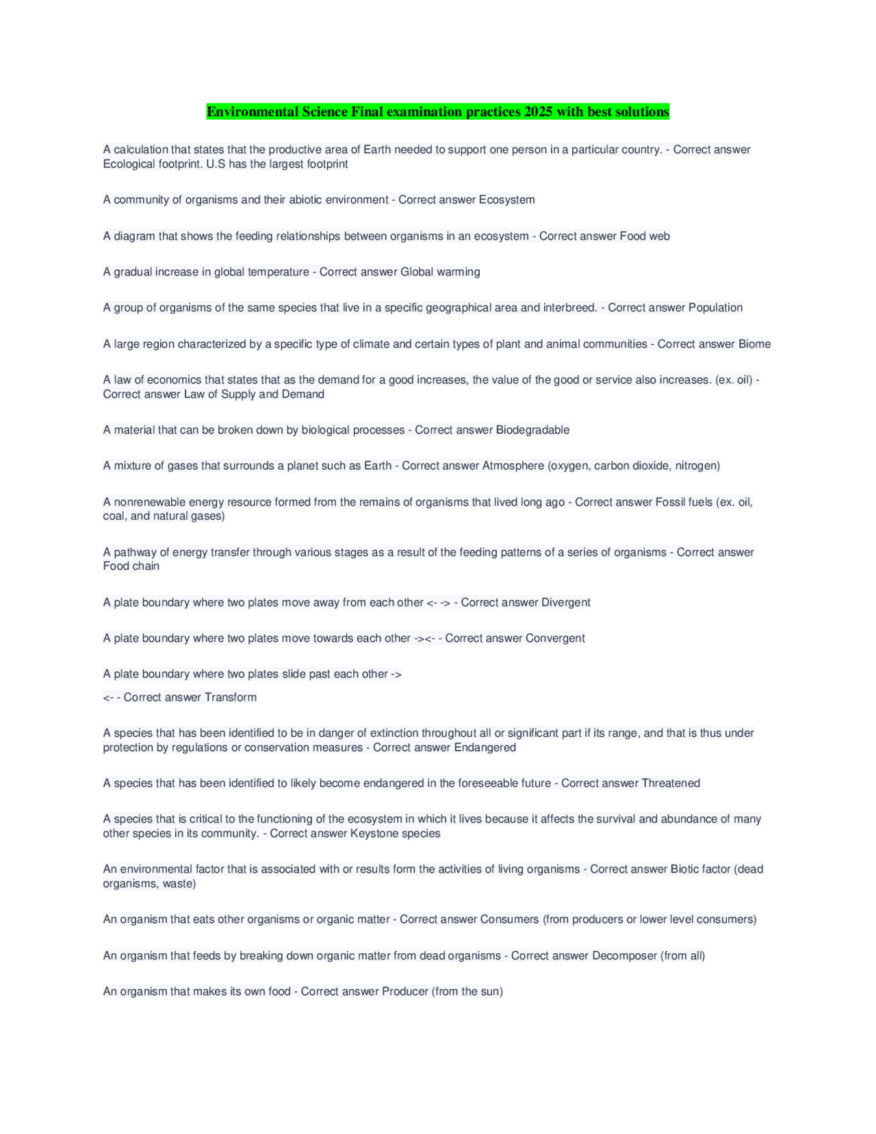 Environmental Science Final examination practices 2025 with best ...