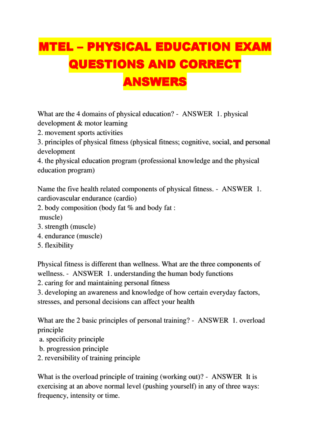 MTEL – PHYSICAL EDUCATION EXAM QUESTIONS AND CORRECT ANSWERS | Exams ...