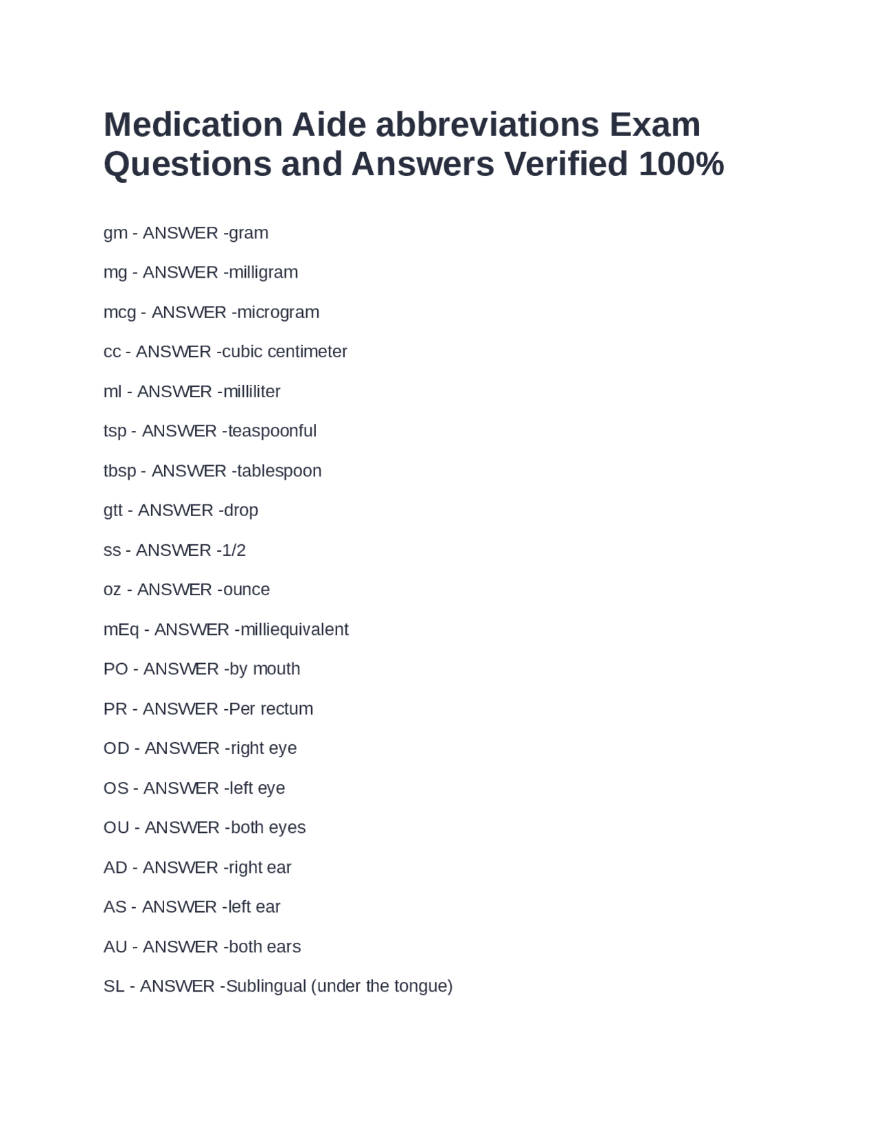 Medication Aide abbreviations Exam Questions and Answers Verified 100% ...