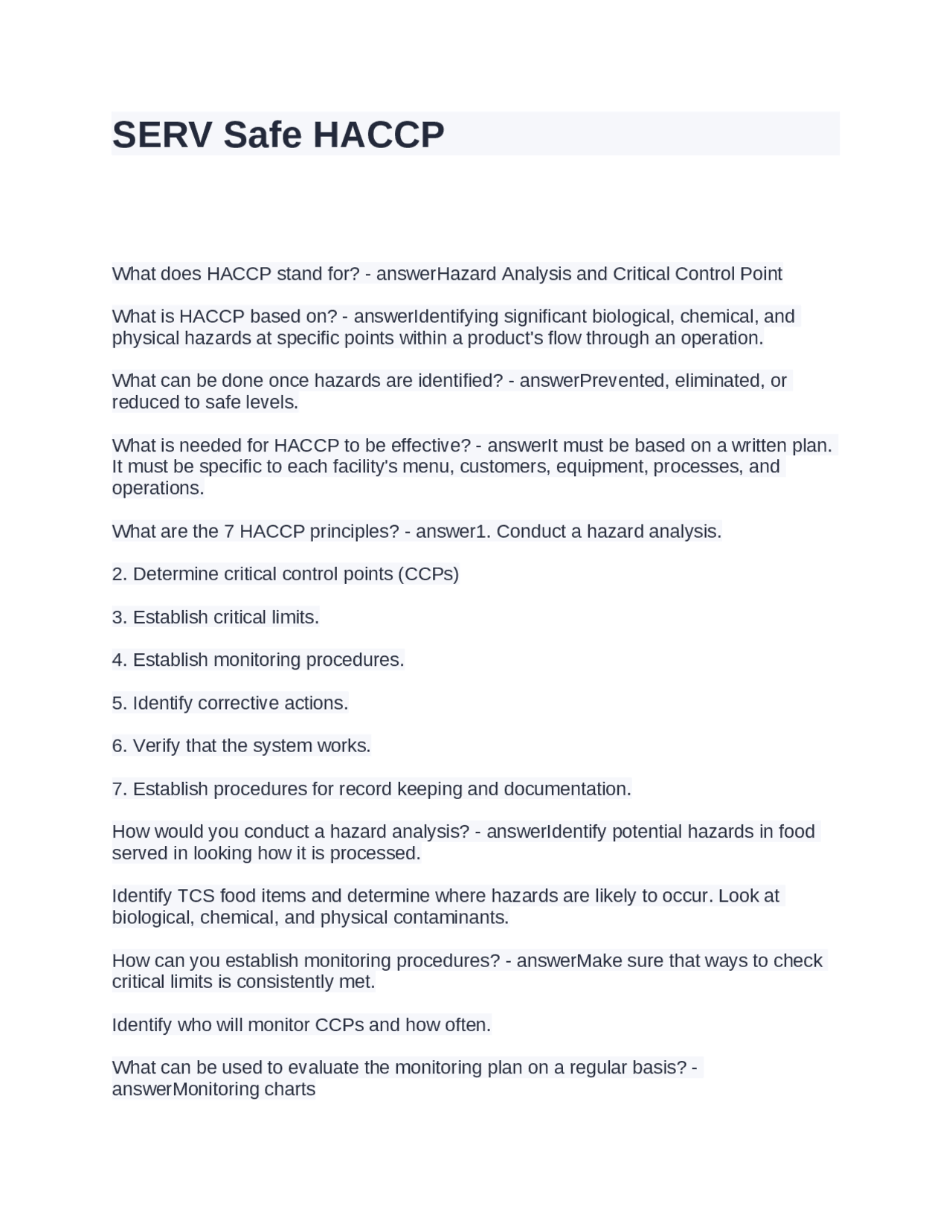 SERV Safe HACCP QUESTIONS WITH SOLUTIONS | Exams Advanced Education ...