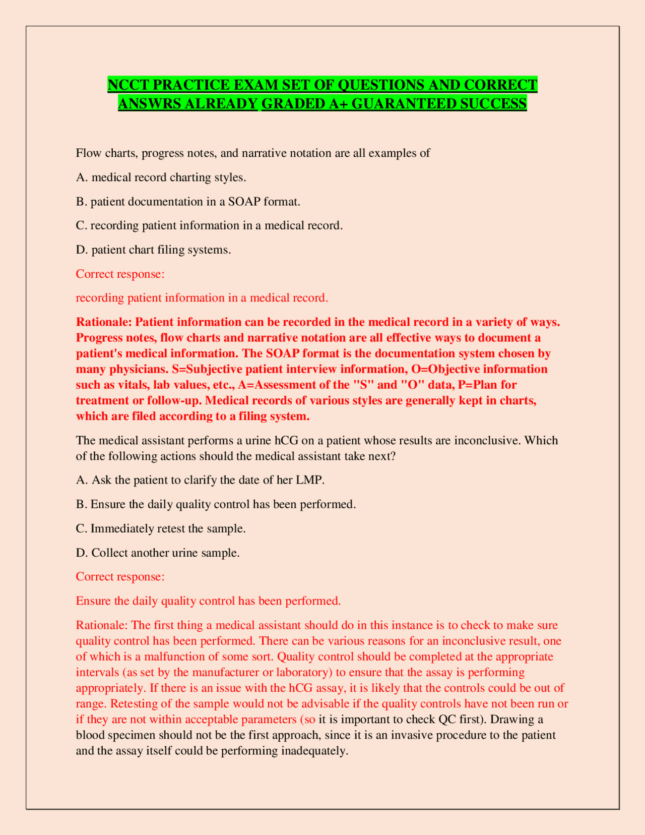 NCCT Medical Assistant Practice Exam: Questions and Answers | Exams ...