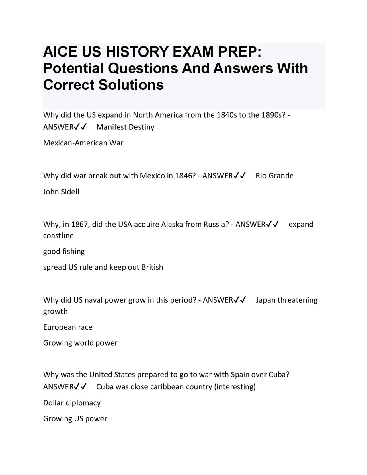 AICE US HISTORY EXAM PREP: Potential Questions And Answers With Correct ...