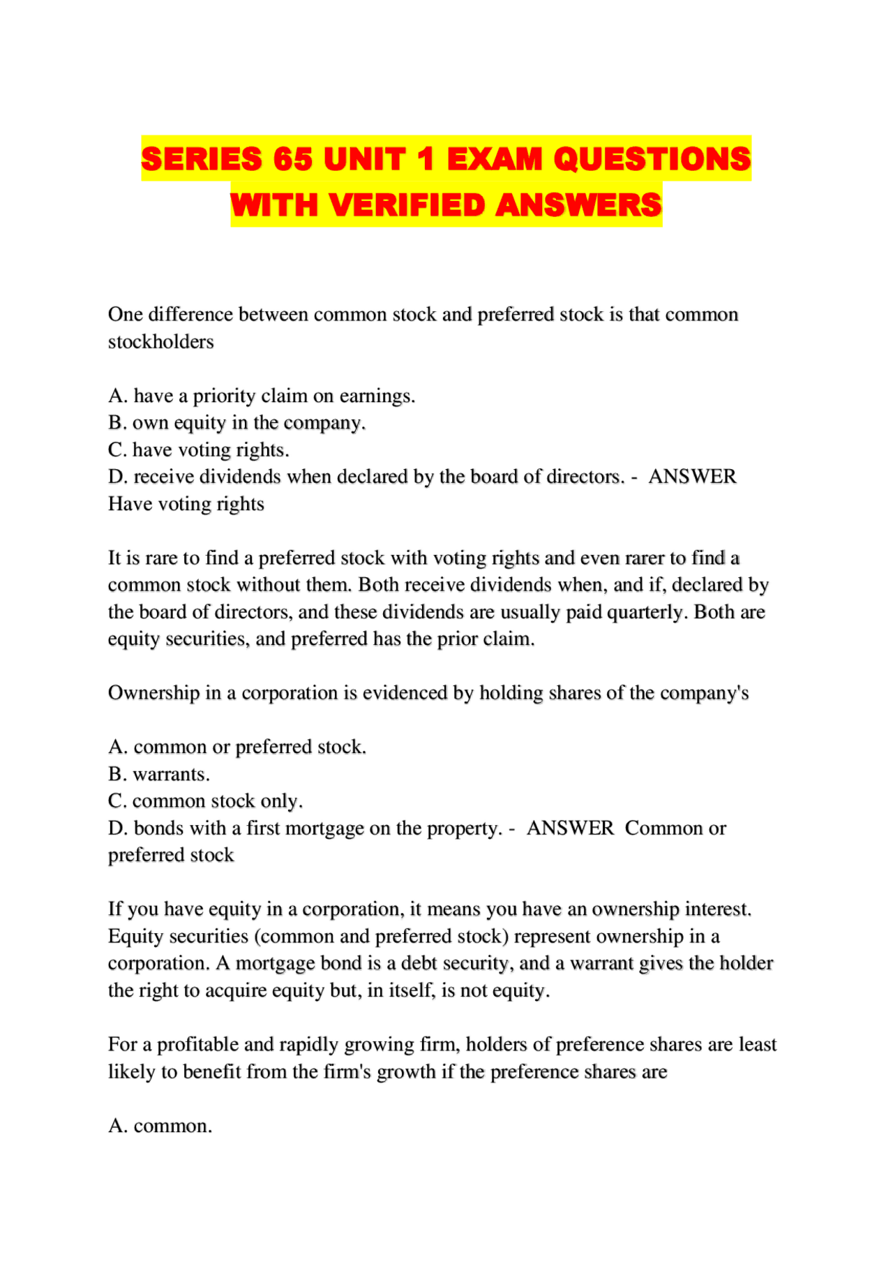 SERIES 65 UNIT 1 EXAM QUESTIONS WITH VERIFIED ANSWERS | Exams Finance ...