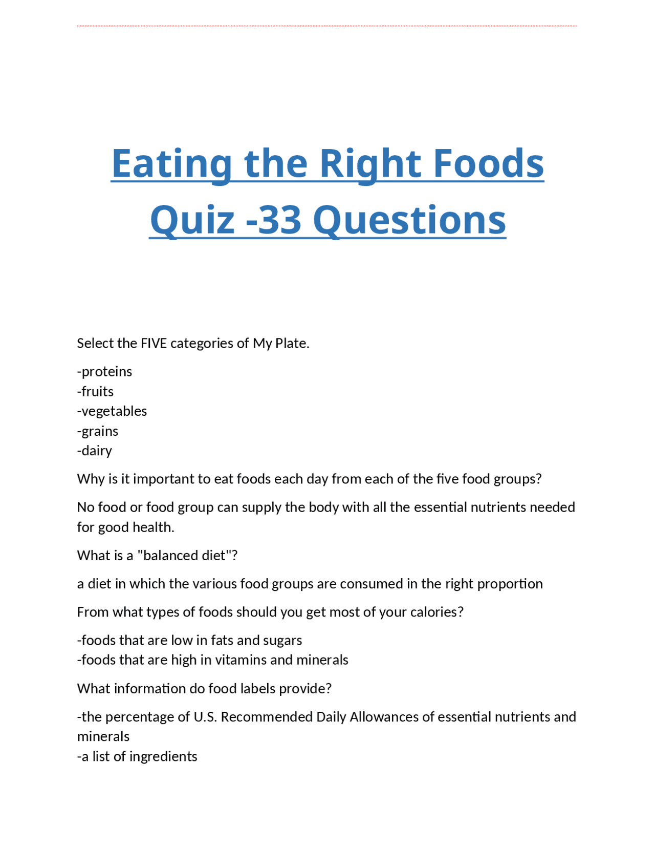 Nutrition Quiz: Understanding Balanced Diets and Healthy Eating | Exams ...