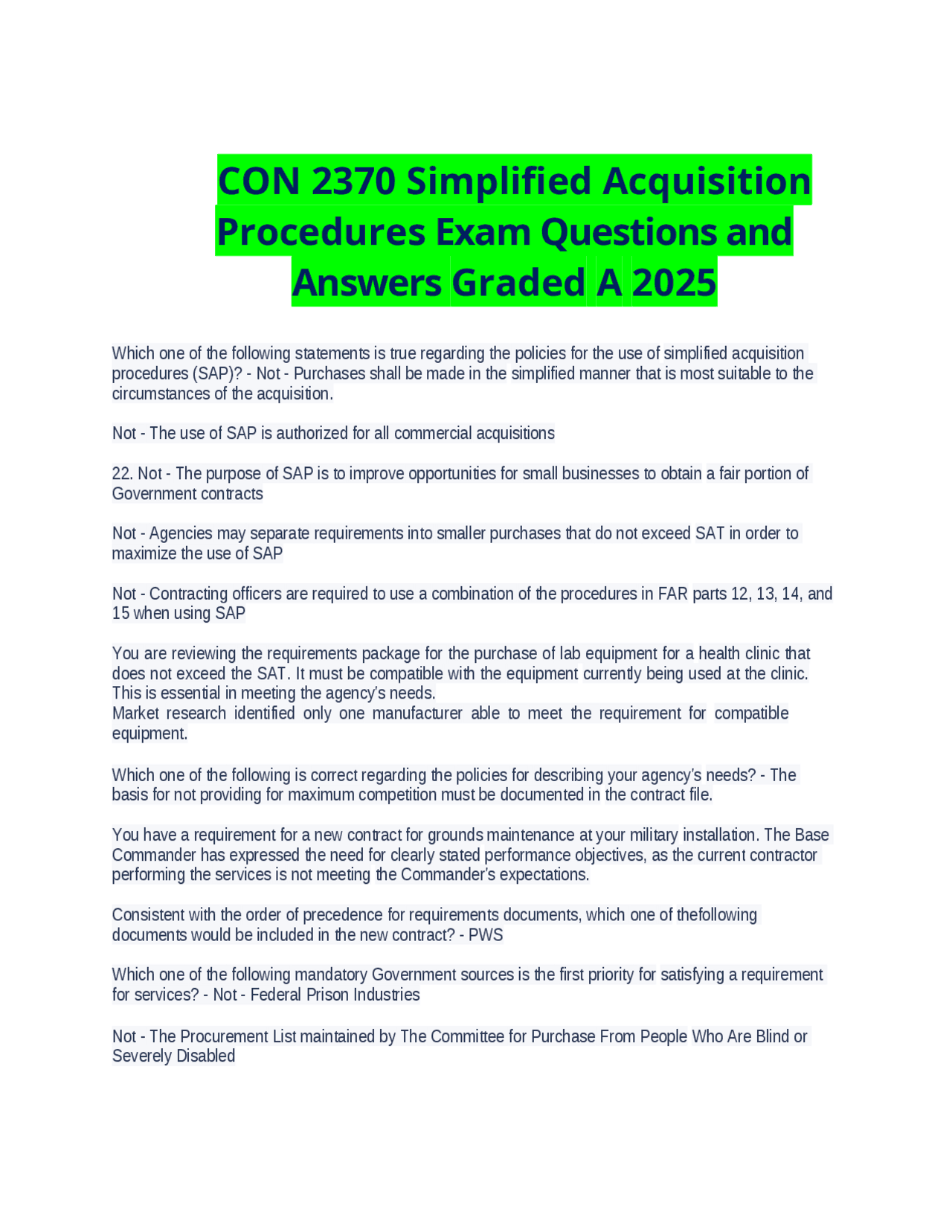 CON 2370 Simplified Acquisition Procedures Exam Questions and Answers ...