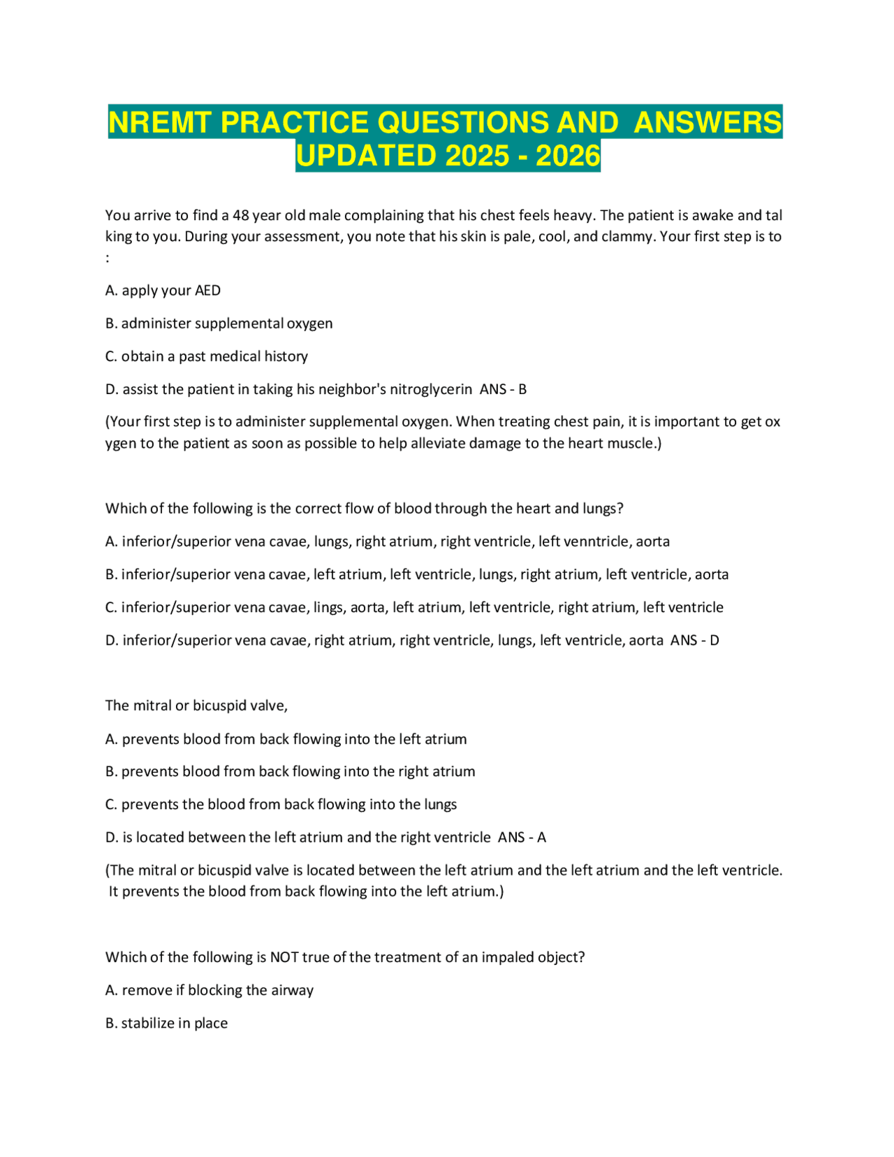 NREMT PRACTICE QUESTIONS AND ANSWERS UPDATED 2025 - 2026 | Exams ...