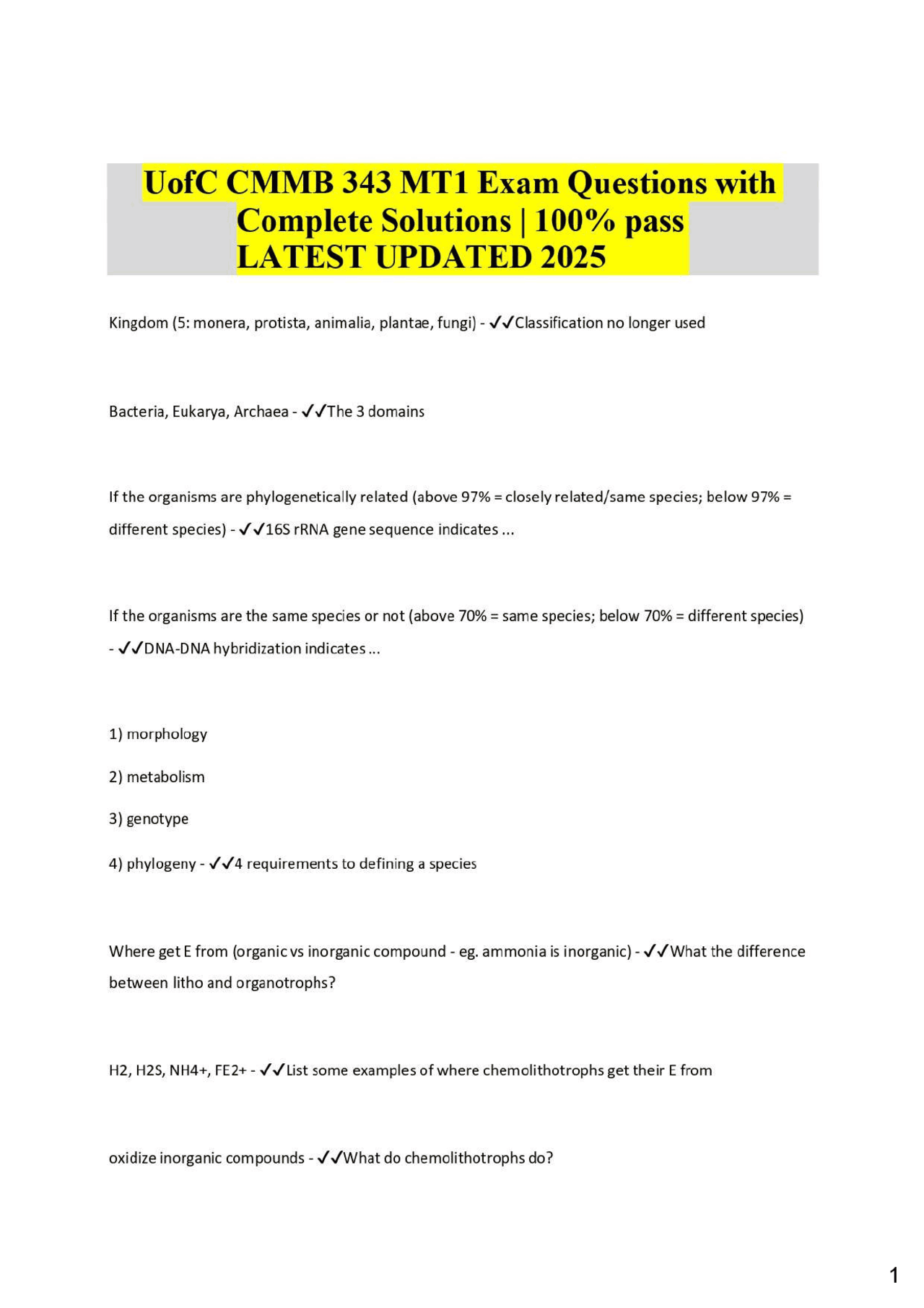 UofC CMMB 343 MT1 Exam Questions with Complete Solutions | 100% pass ...