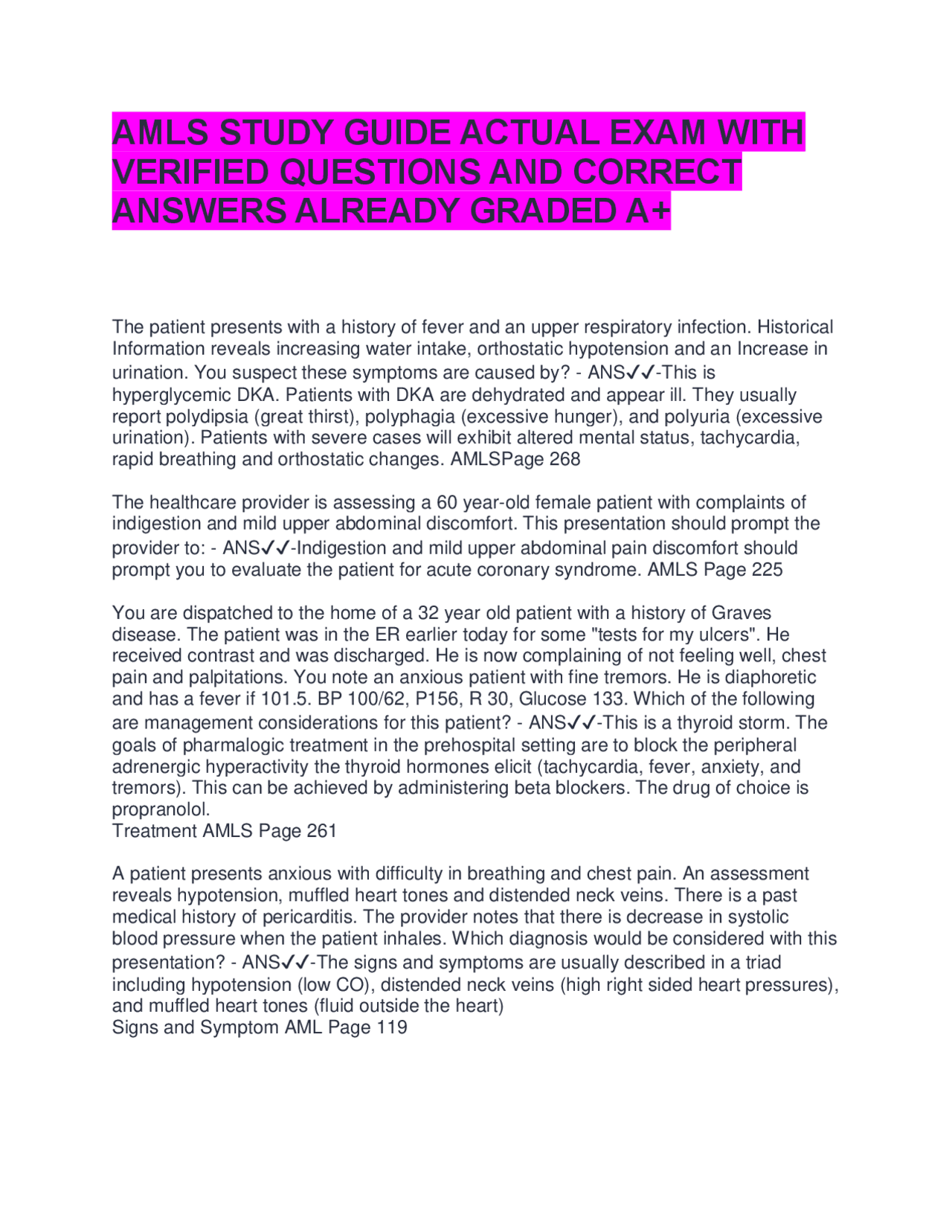 AMLS Exam Study Guide: Verified Questions and Answers | Exams Health ...