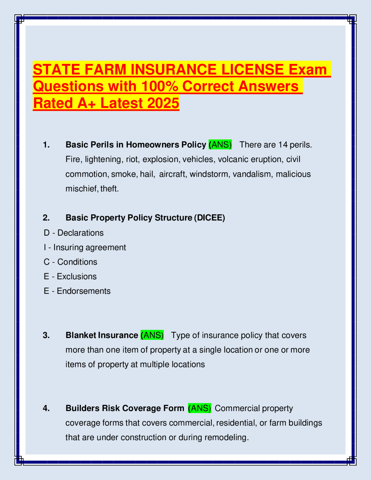 STATE FARM INSURANCE LICENSE Exam Questions with 100% Correct Answers ...