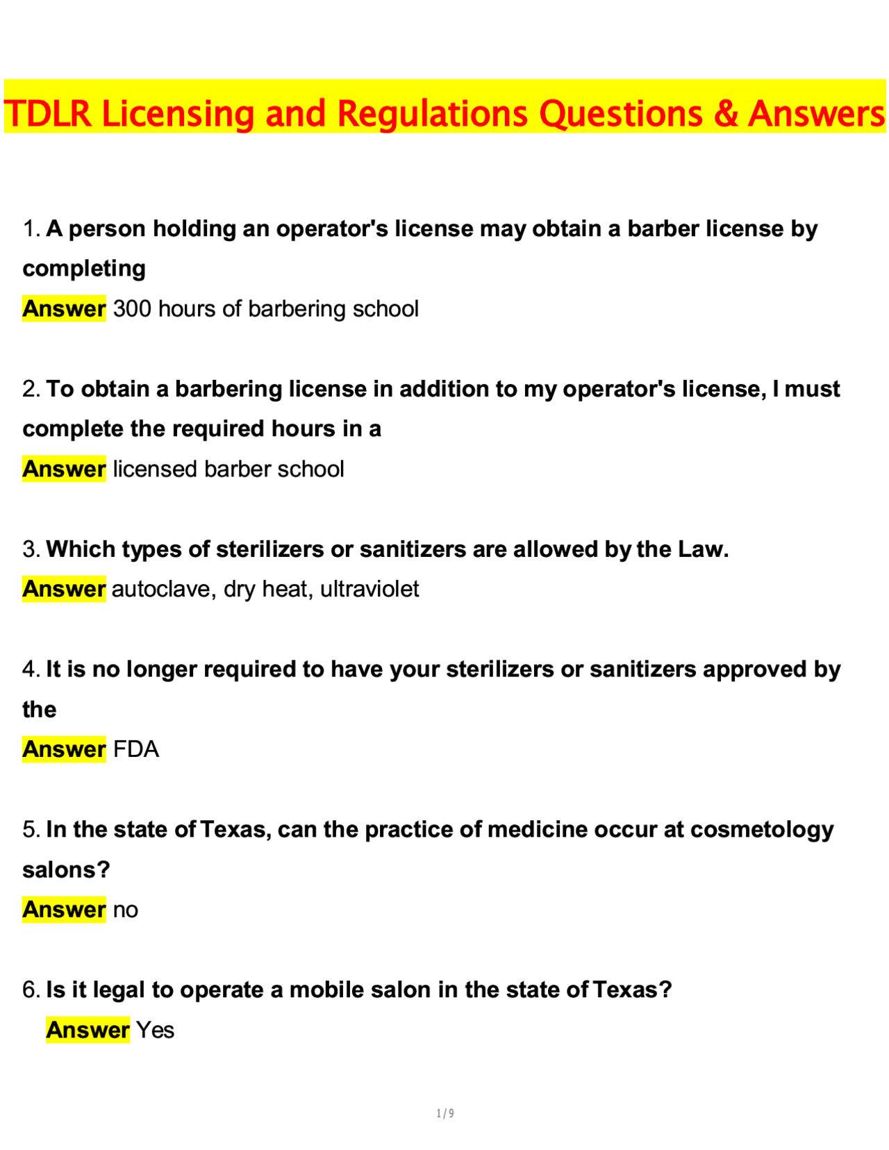 TDLR Licensing & Regulations Exam 2025 Actual Ques & Ans Latest 2025/ ...
