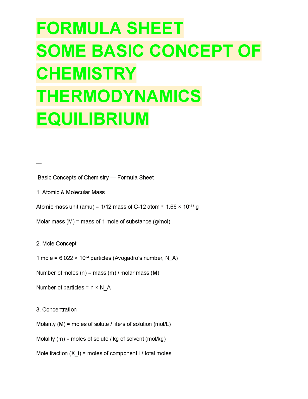 Essential Chemistry Formulas Mole Concept to Equilibrium | Cheat Sheet ...