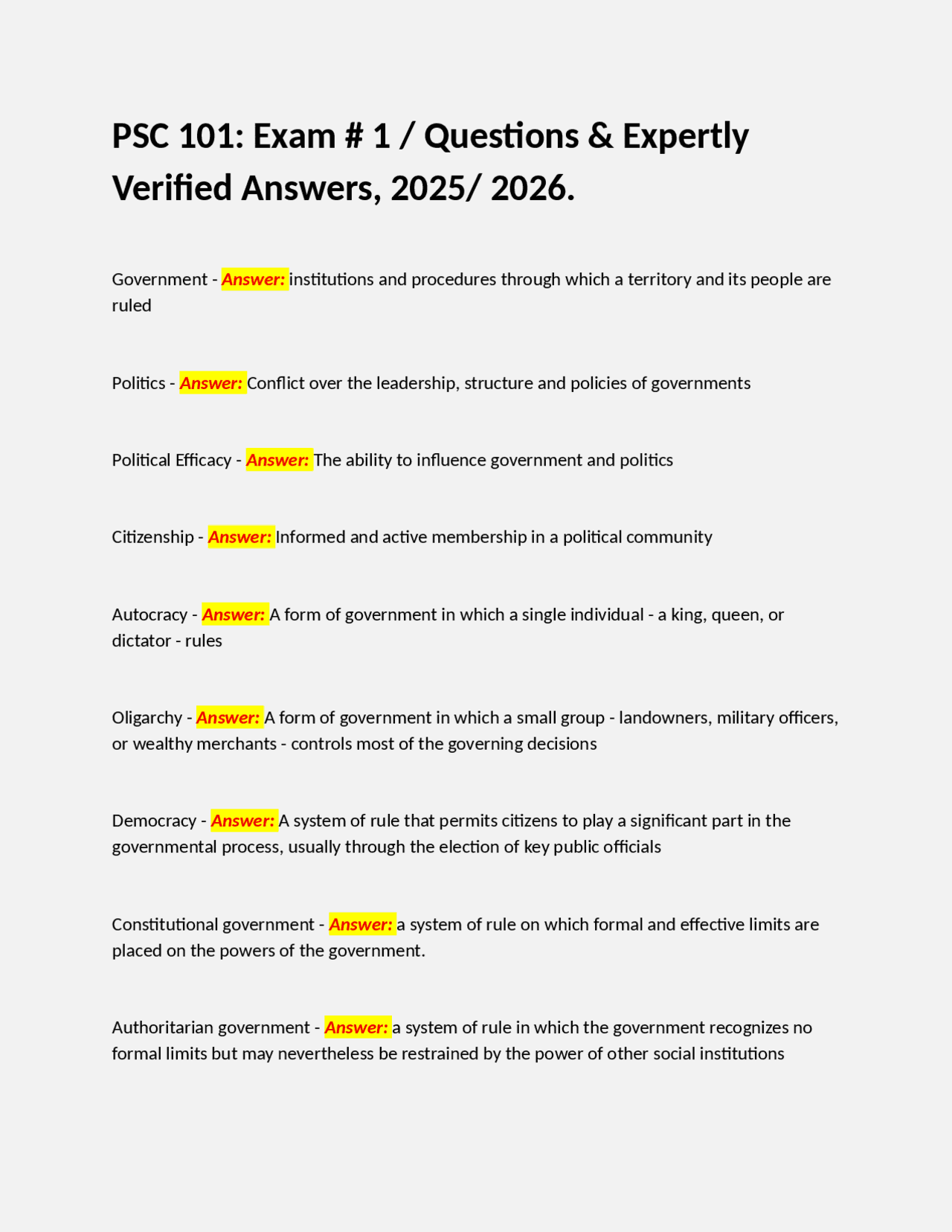 PSC 101: Exam # 1 / Questions & Expertly Verified Answers, 2025/ 2026 ...