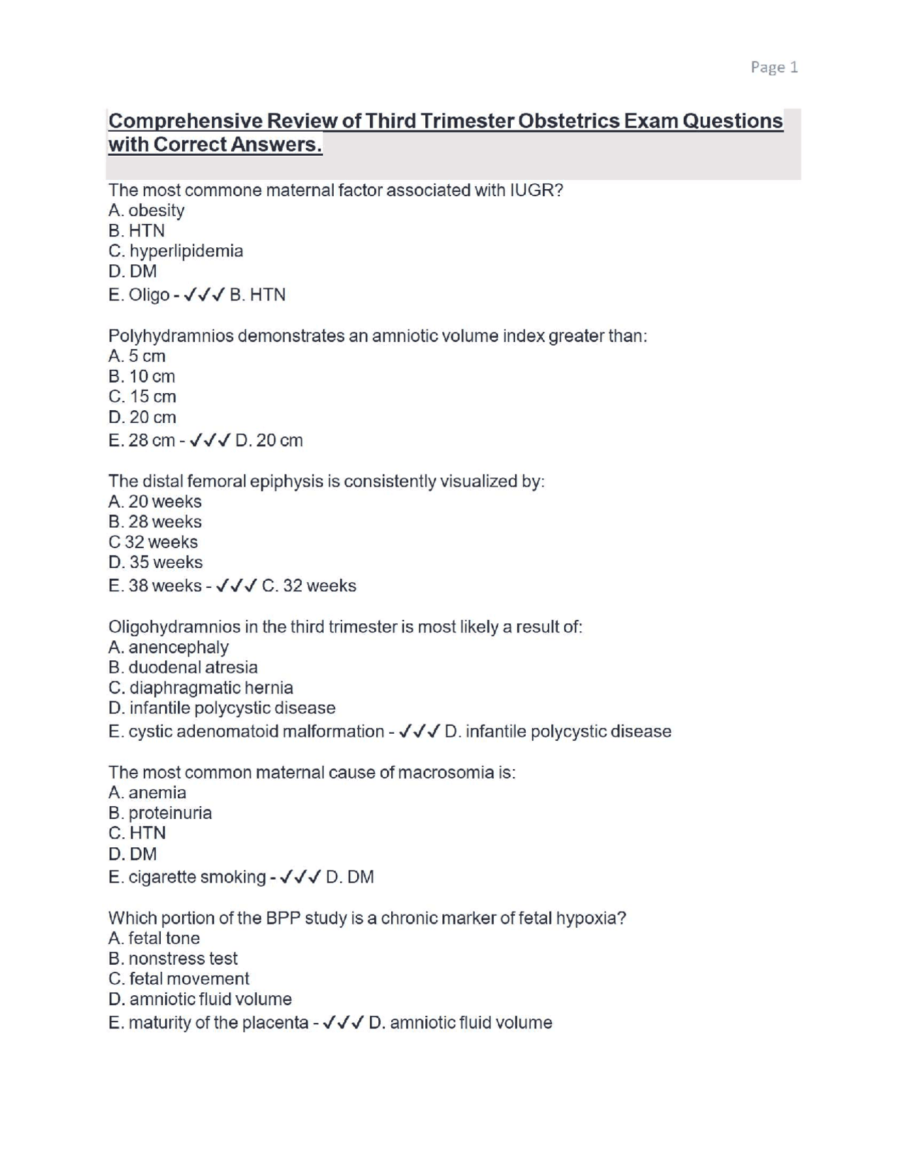 Comprehensive Review of Third Trimester Obstetrics Exam Questions with Correct Answers. | Exams ...