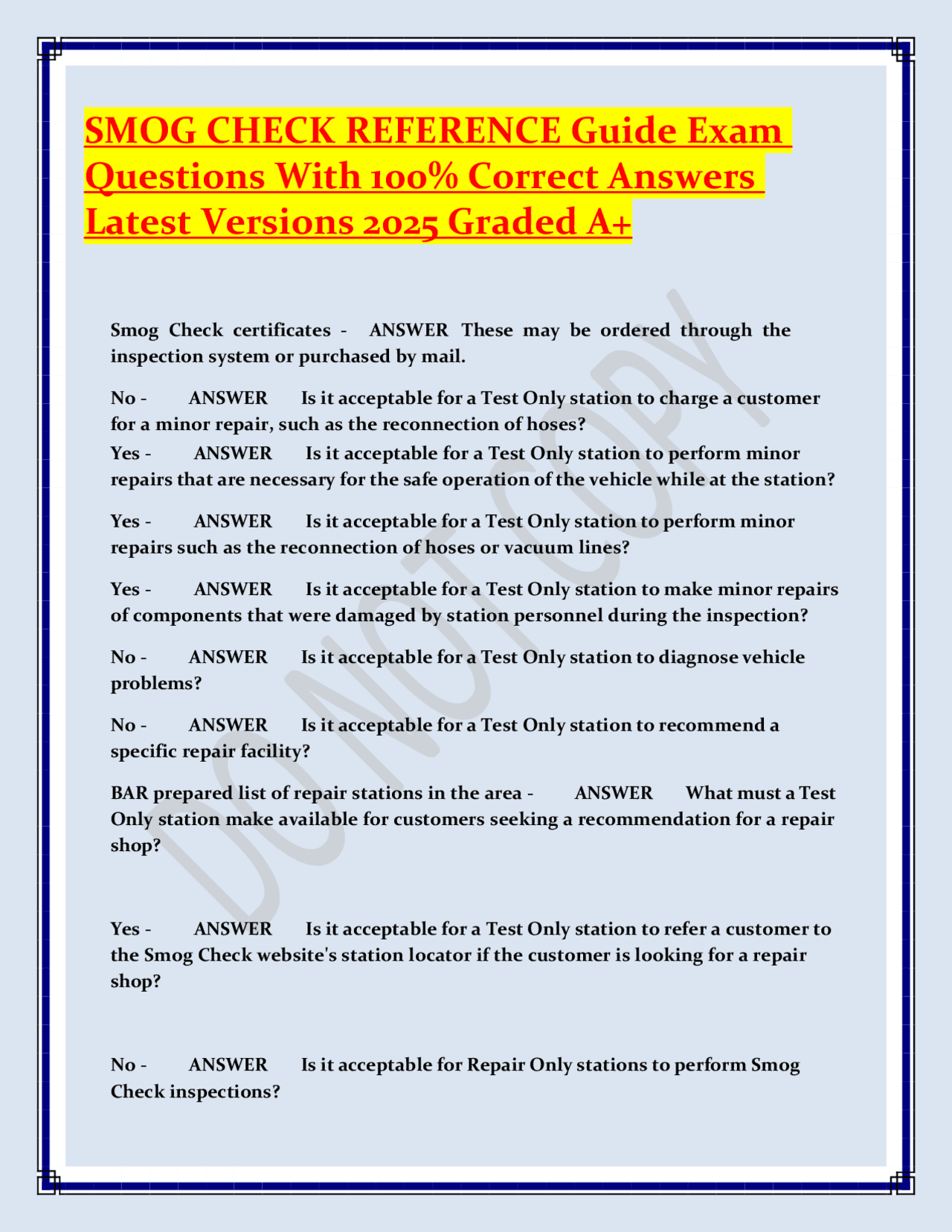 Smog Check Certification Exam Questions and Answers 2025 | Exams ...