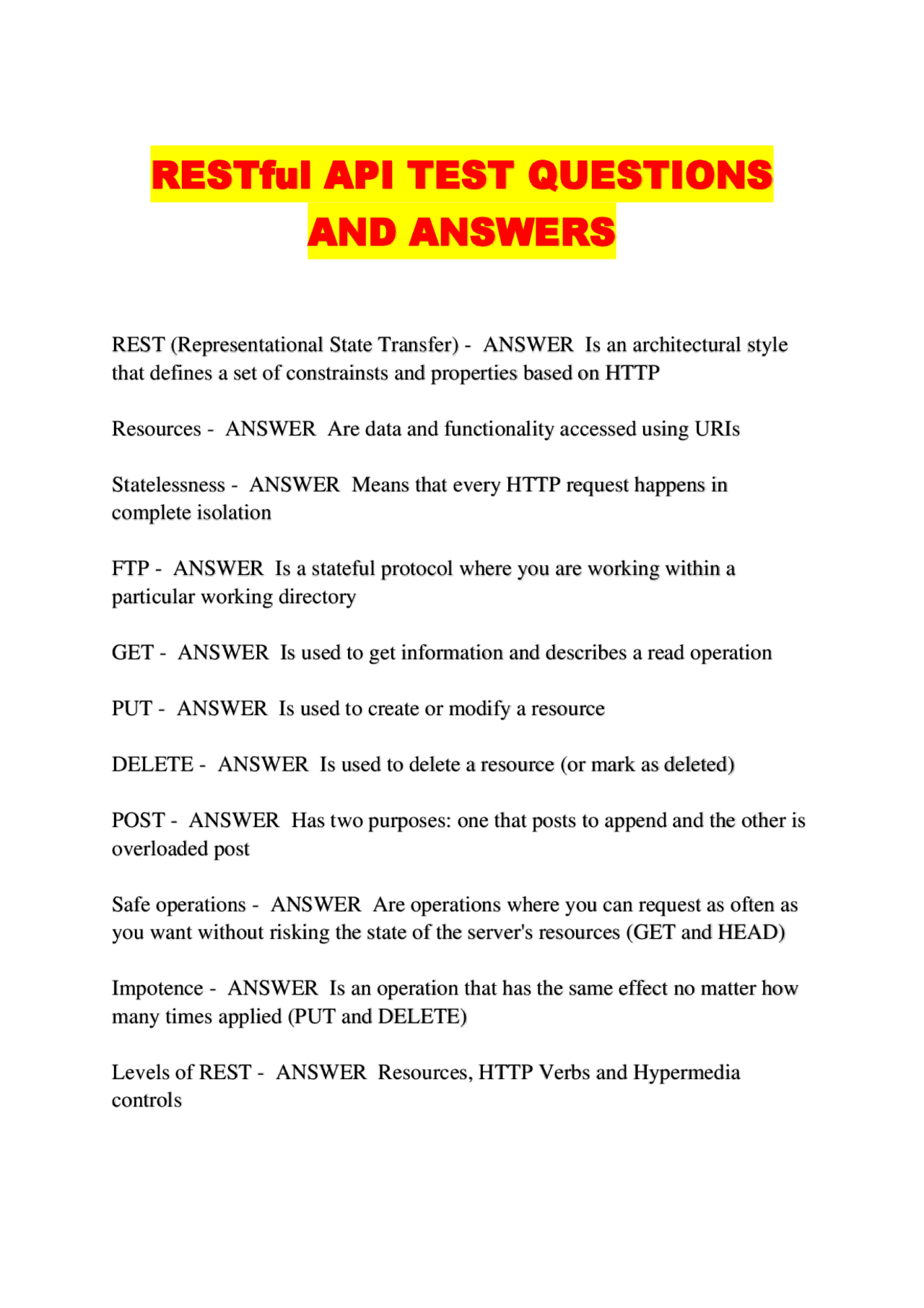 RESTful API TEST QUESTIONS AND ANSWERS | Exams Advanced Education | Docsity