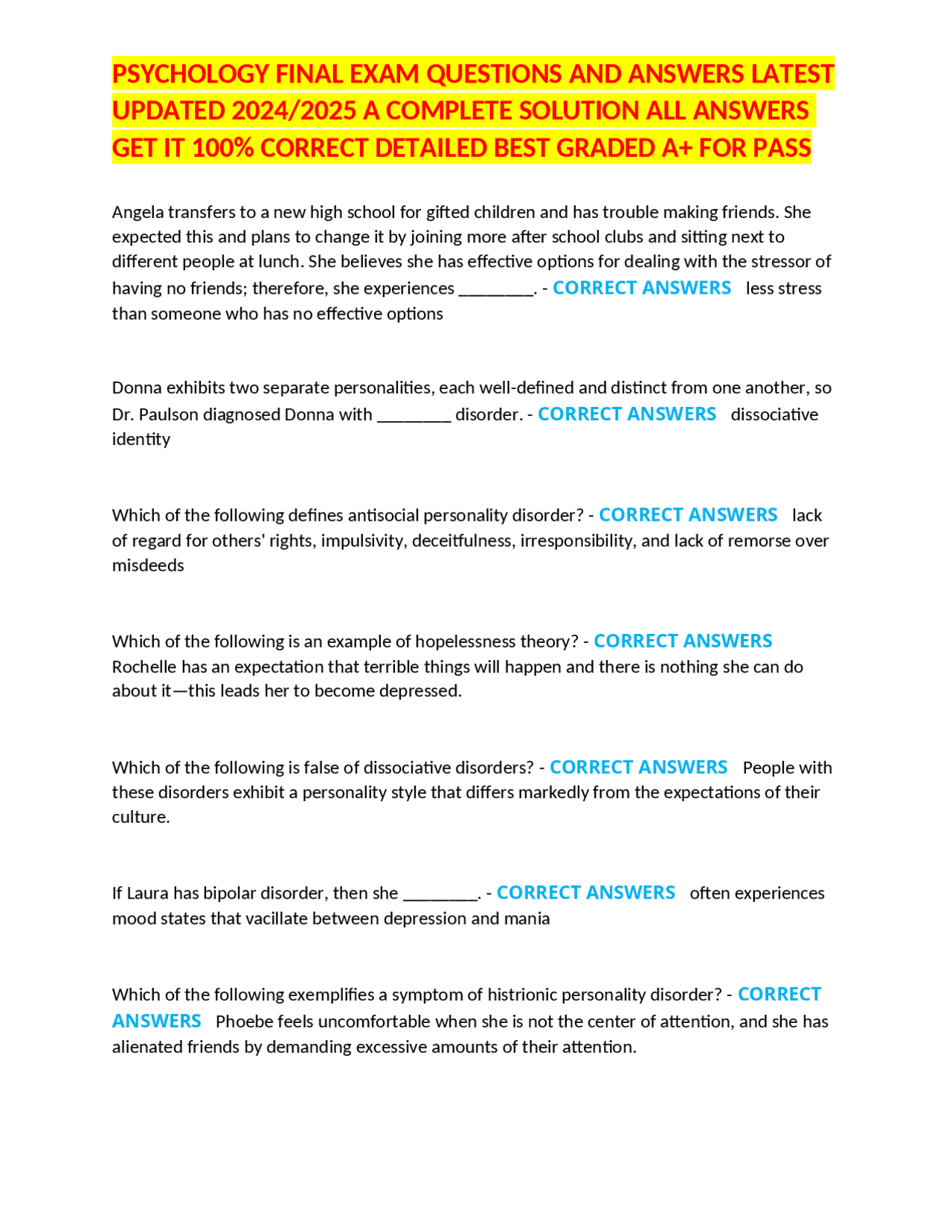 PSYCHOLOGY FINAL EXAM QUESTIONS AND ANSWERS LATEST UPDATED 2024/2025 A ...