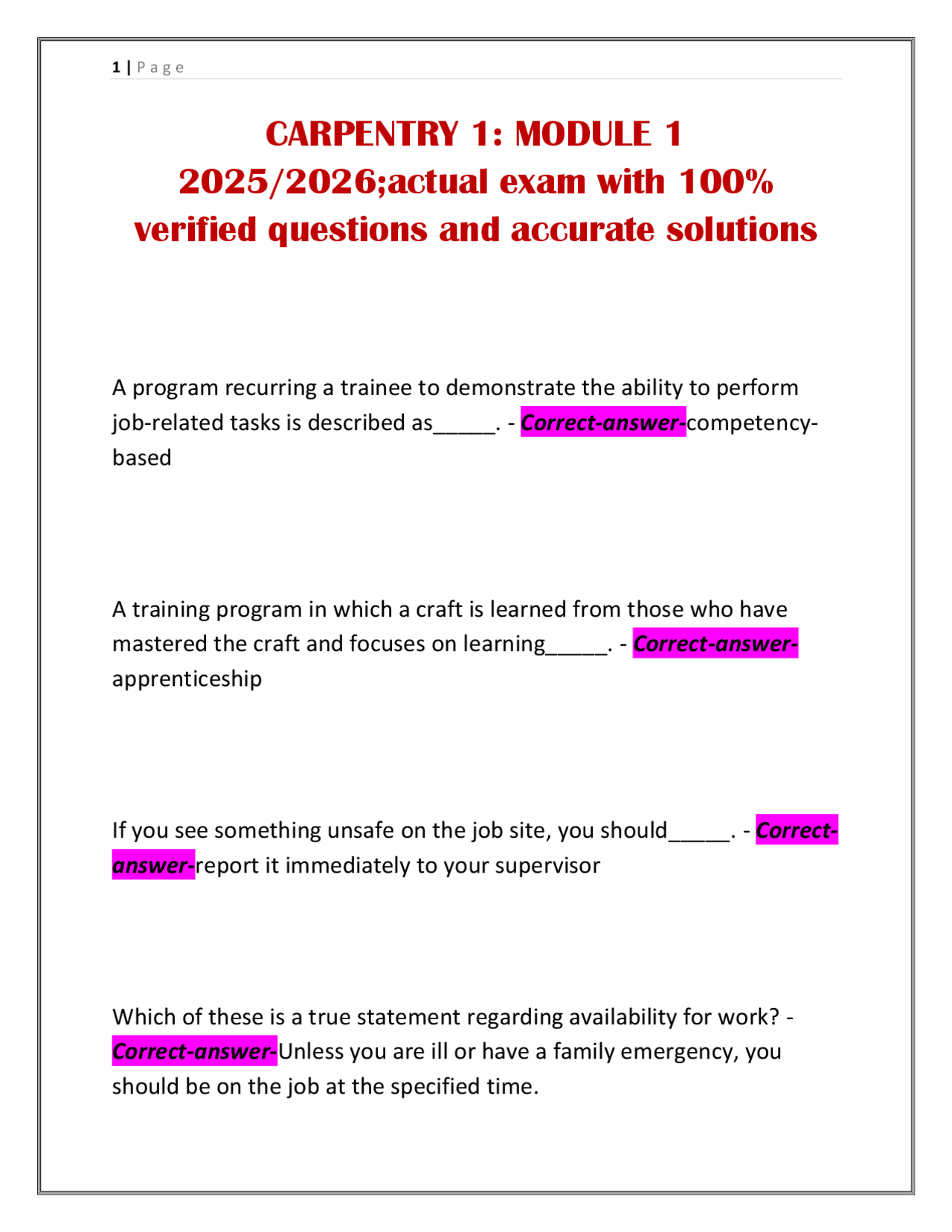 CARPENTRY 1: MODULE 1 2025/2026;actual exam with 100% verified ...