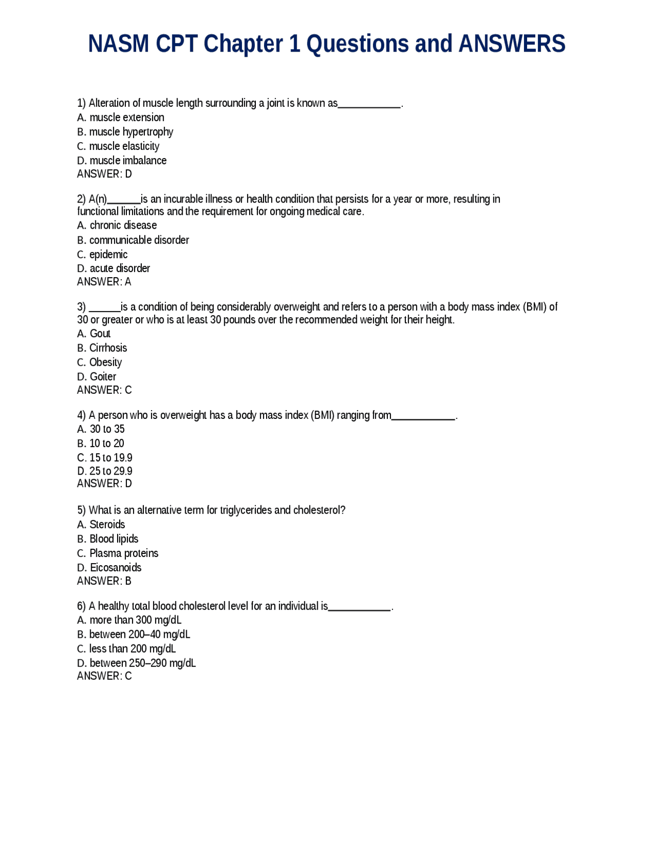 NASM CPT Chapter 1 Questions and ANSWERS | Exams Nursing | Docsity