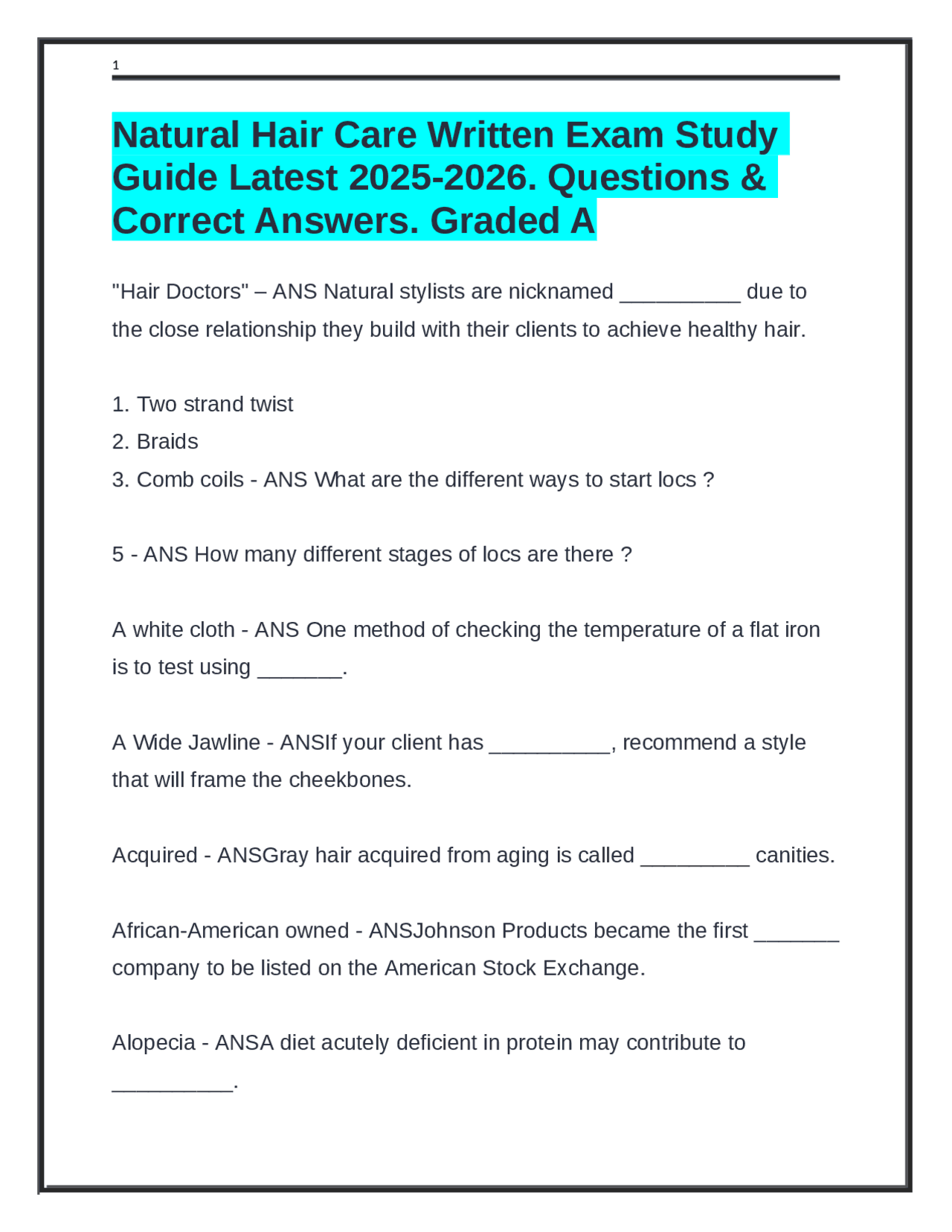 Natural Hair Care Written Exam Study Guide Latest 2025-2026. Questions ...