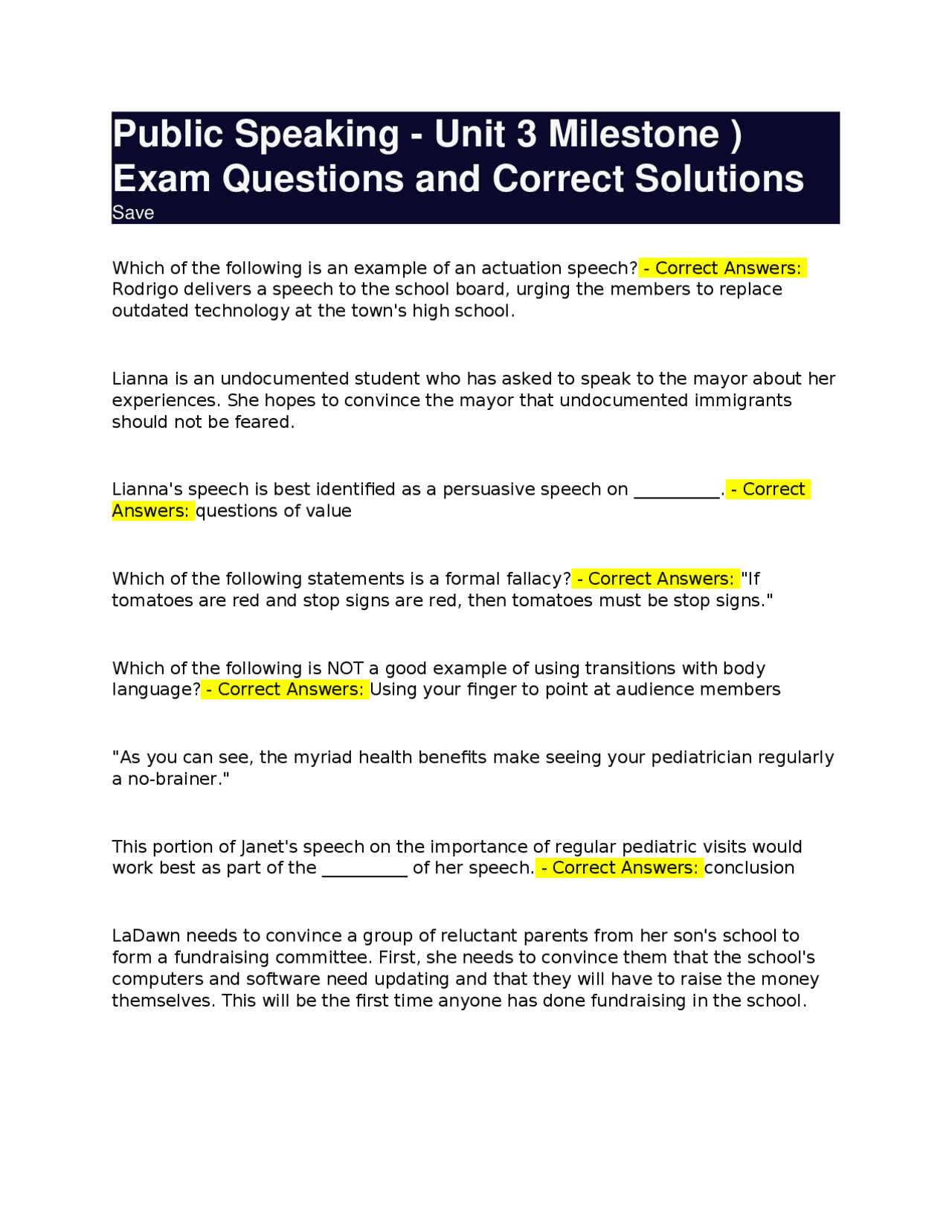 Public Speaking - Unit 3 Milestone ) Exam Questions and Correct ...