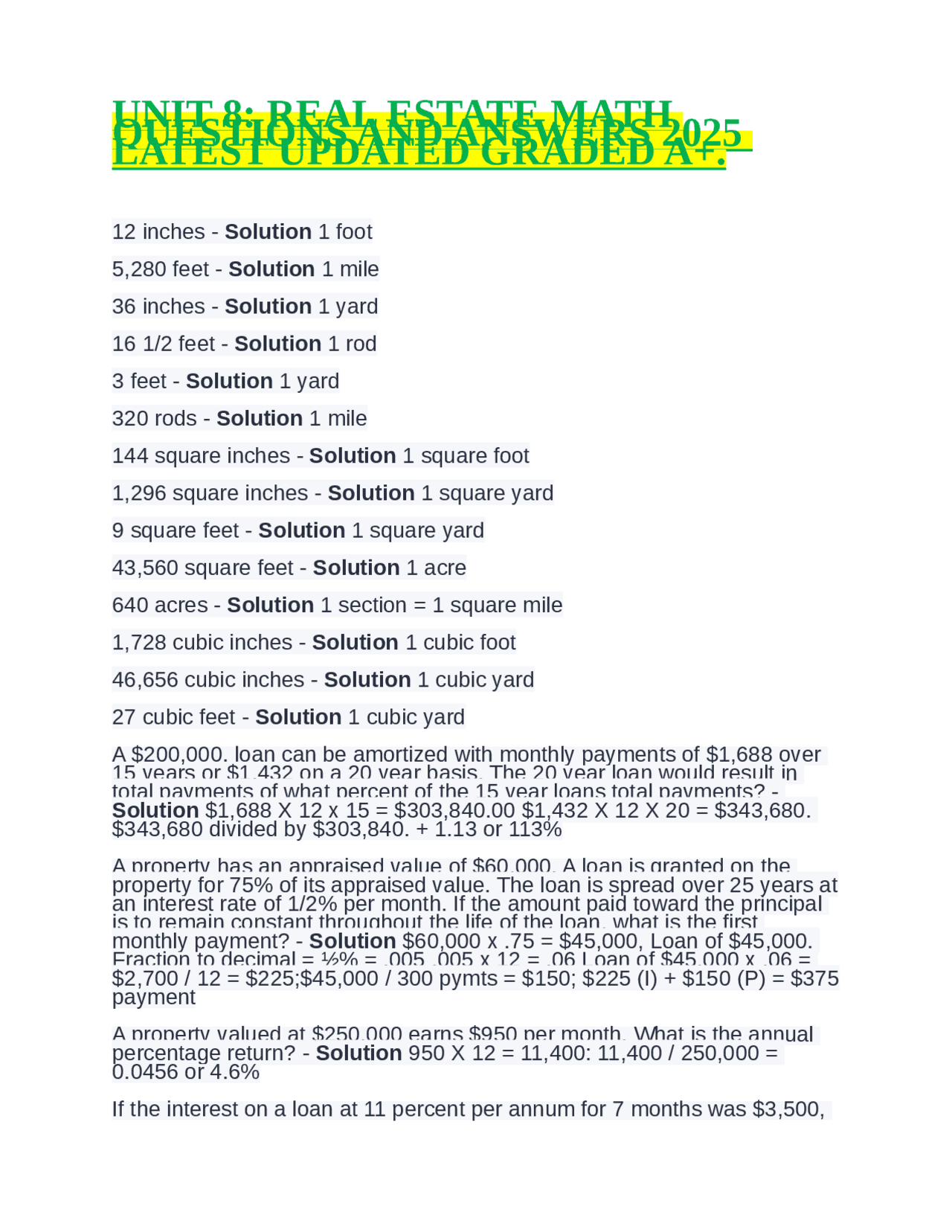 UNIT 8: REAL ESTATE MATH QUESTIONS AND ANSWERS 2025 LATEST UPDATED ...