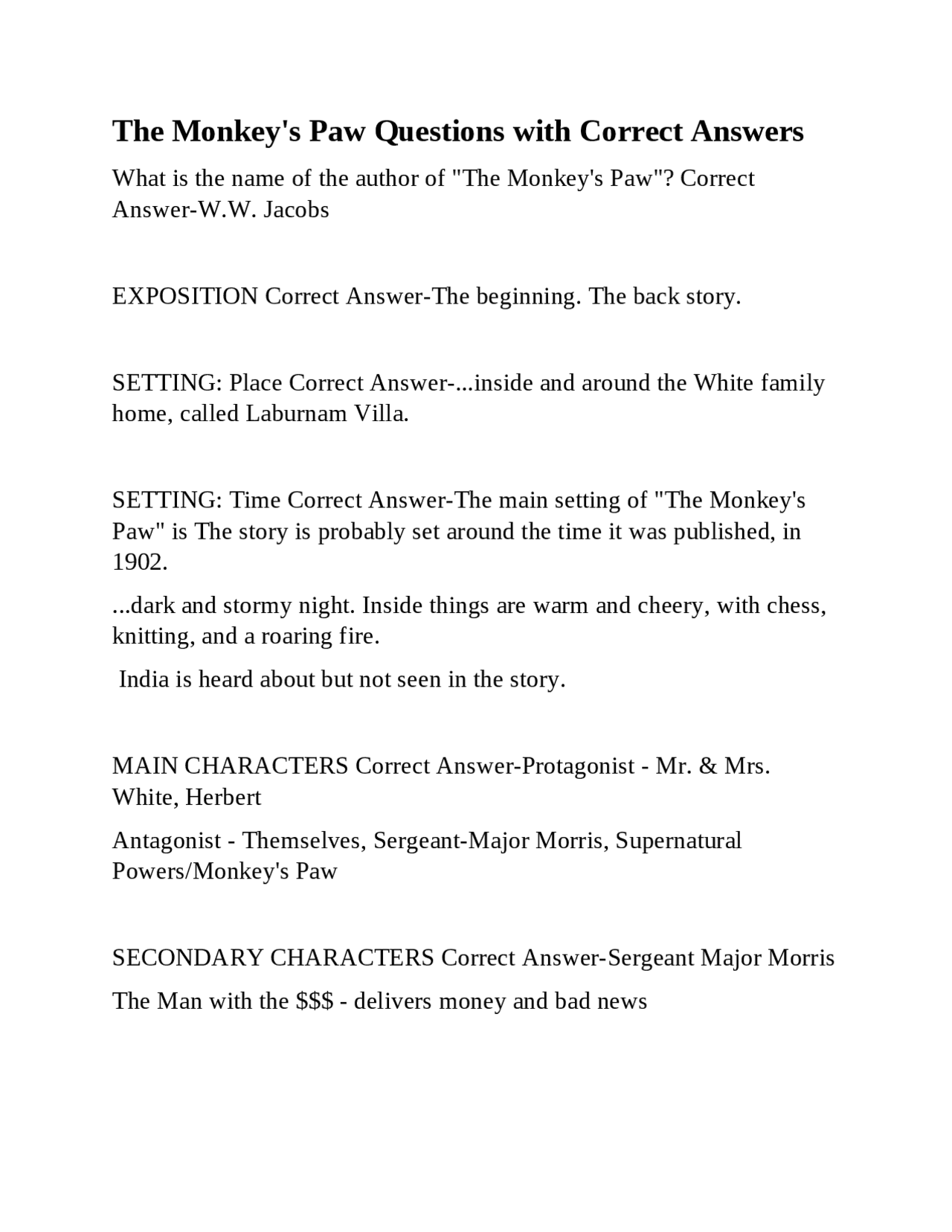 'The Monkey's Paw': Comprehensive Q&A for Literary Analysis | Exams ...