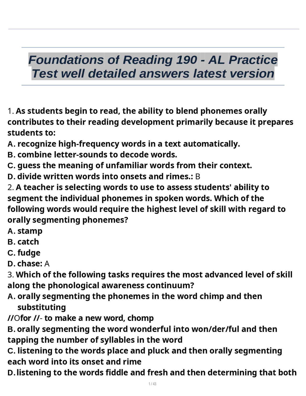 Foundations of Reading 190 - AL Practice Test well detailed answers ...